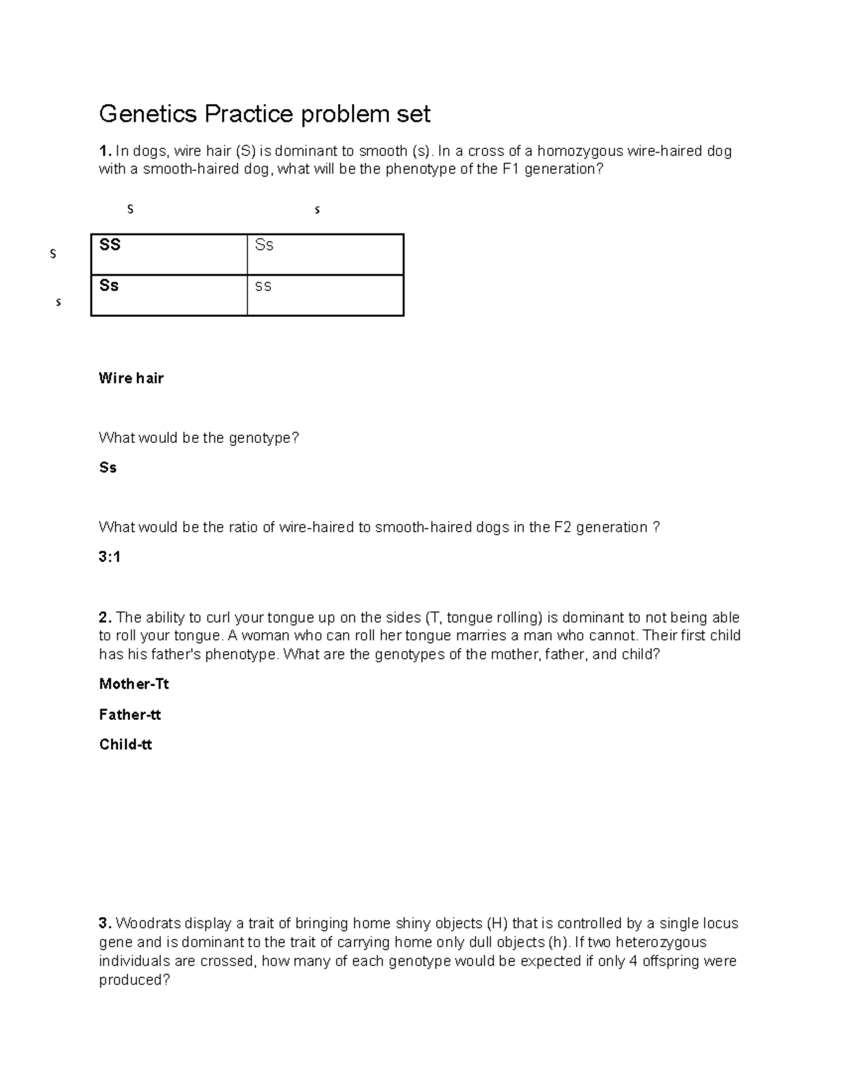 Practice problem set for genetics - Genetics Practice problem set In ...