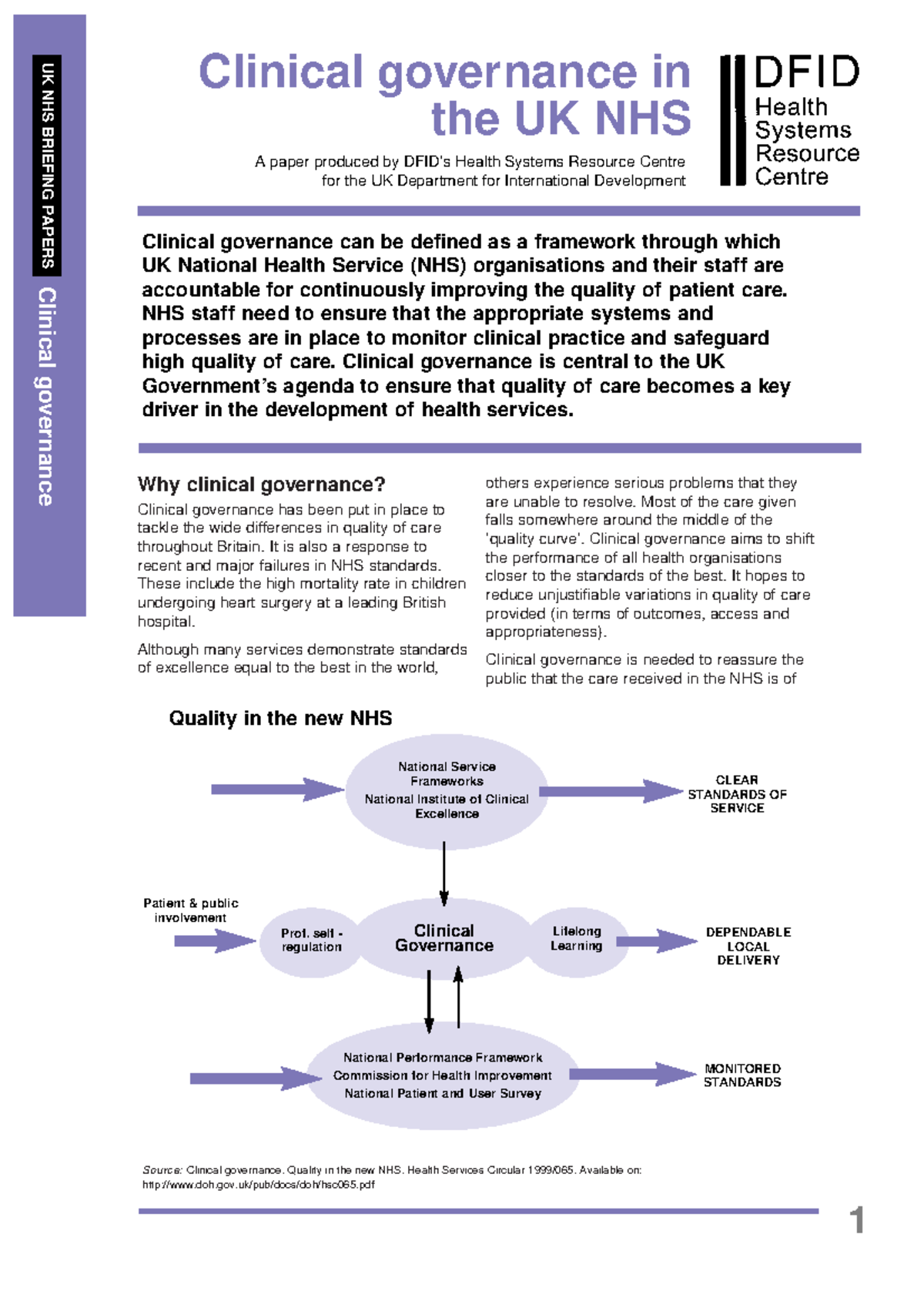 Clinical governance in the UK NHS - Why clinical governance? Clinical ...