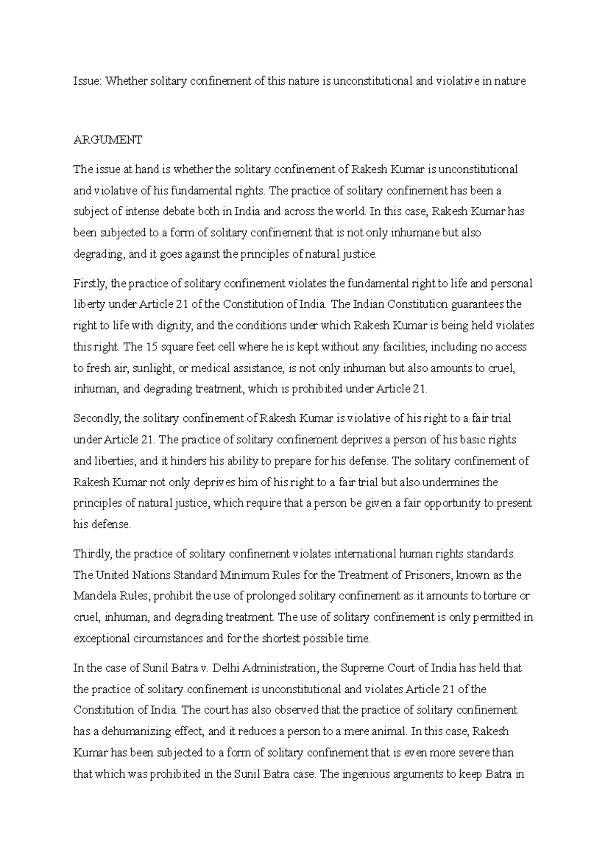 Moot issue - MOOT PROBLEM - Issue: Whether solitary confinement of this ...