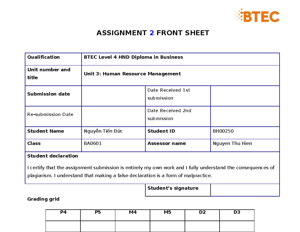 2-5035- Frontsheet 2-Assignment 2 HRM - ASSIGNMENT 2 FRONT SHEET Qualification BTEC Level 4 HND ...