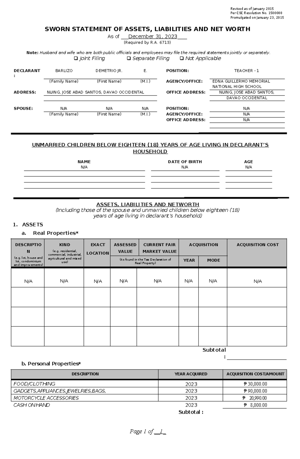 SALN 2021 - PRACTICAL - Revised as of January 2015 Per CSC Resolution ...