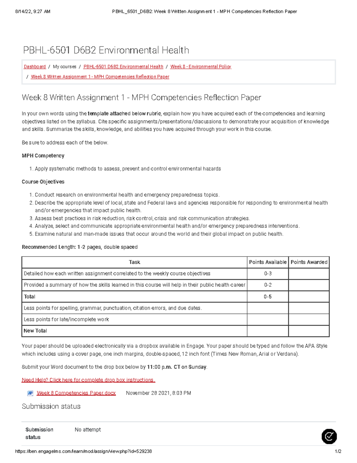 PBHL 6501 D6B2 Week 8 Written Assignment 1 - MPH Competencies ...