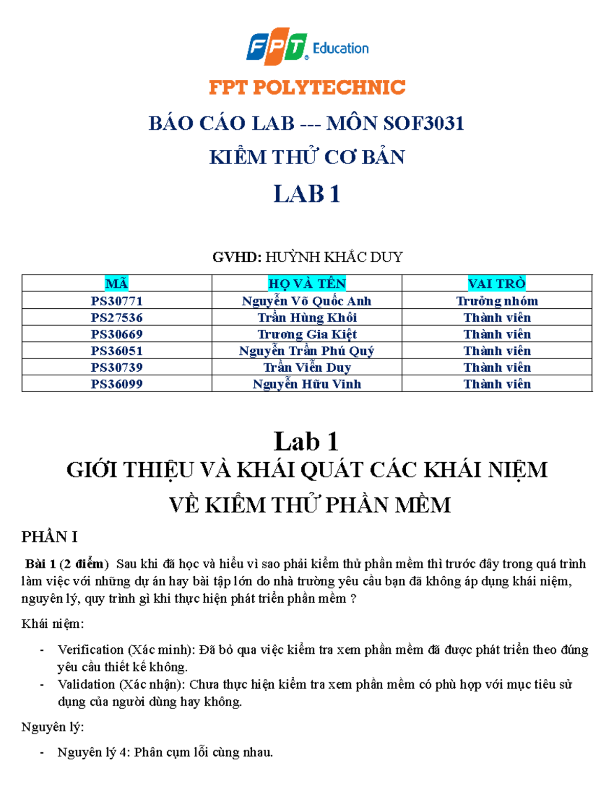 Kiemthu lab1 - lab1 kiểm thử - BÁO CÁO LAB - MÔN SOF KIỂM THỬ CƠ BẢN LAB 1 GVHD: HUỲNH KHẮC DUY ...