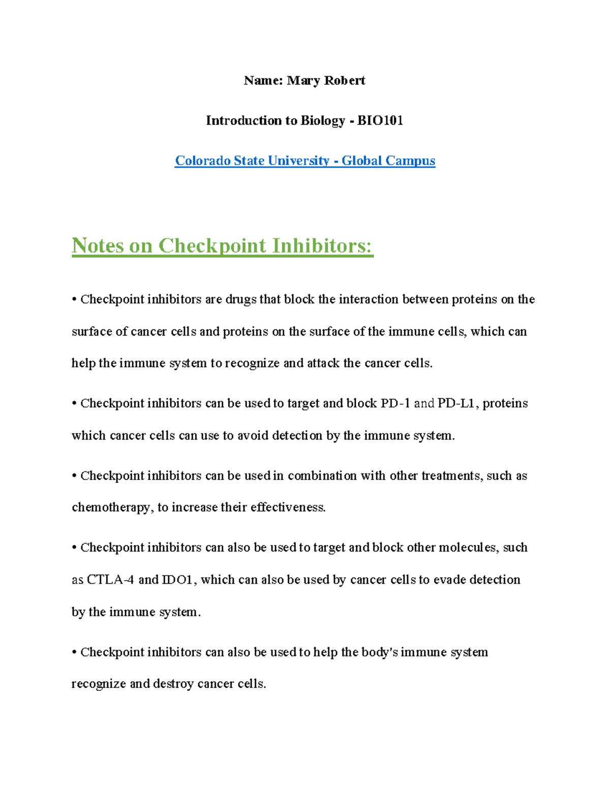 Checkpoint inhibitors and CAR T cells - Namе: Mary Robert Introduction ...