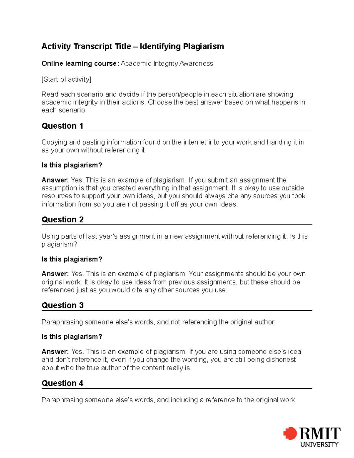 Identifying Plagiarism transcript (.docx, 55KB) - Activity Transcript Title – Identifying ...