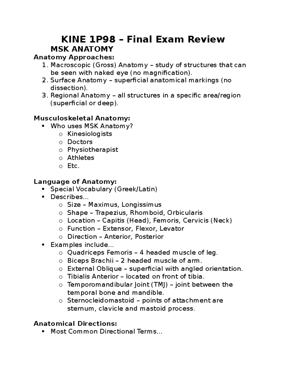 KINE 1P98 Final Exam Notes - KINE 1P98 – Final Exam Review MSK ANATOMY ...