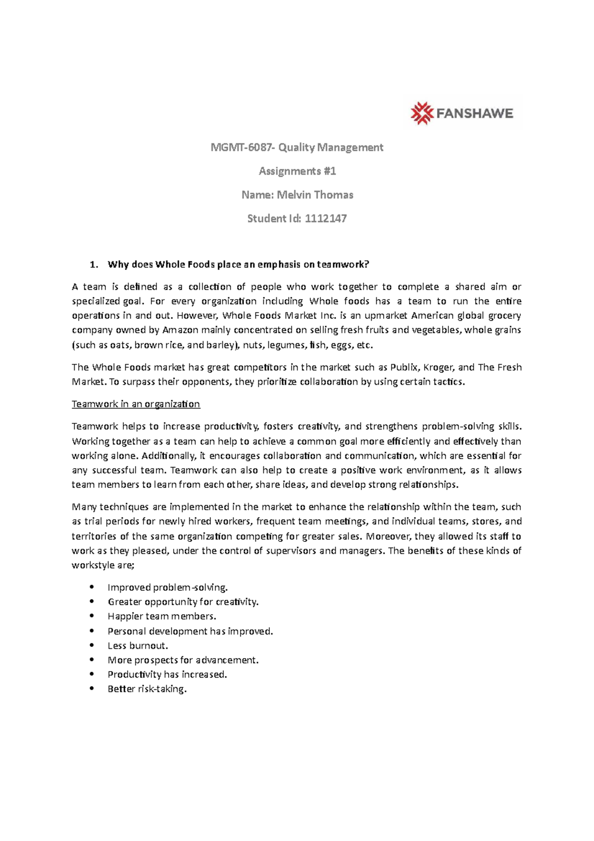 MGMT-6087- Quality Management Assignment 1 - MGMT-6087- Quality Management Assignments Name ...