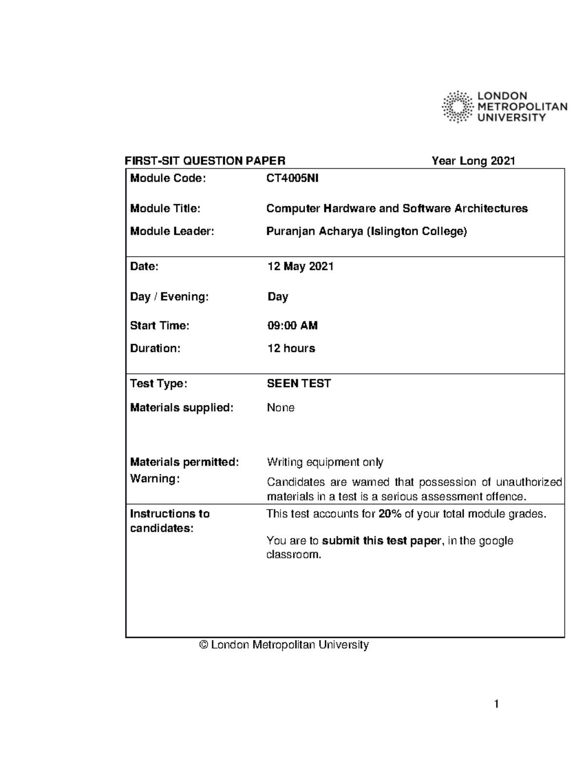 computer architecture - FIRST-SIT QUESTION PAPER Year Long 2021 Module ...
