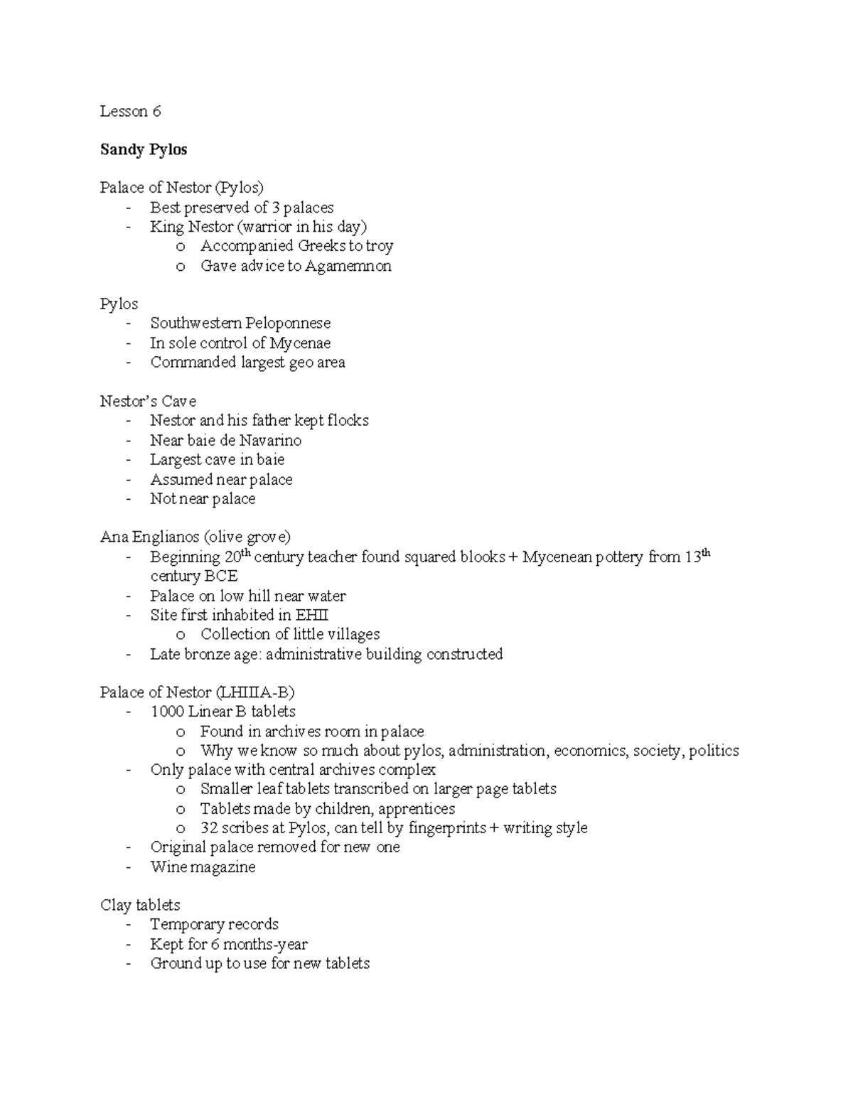 CLCV1002 - Lesson 6 - Lesson 6 Sandy Pylos Palace of Nestor (Pylos ...