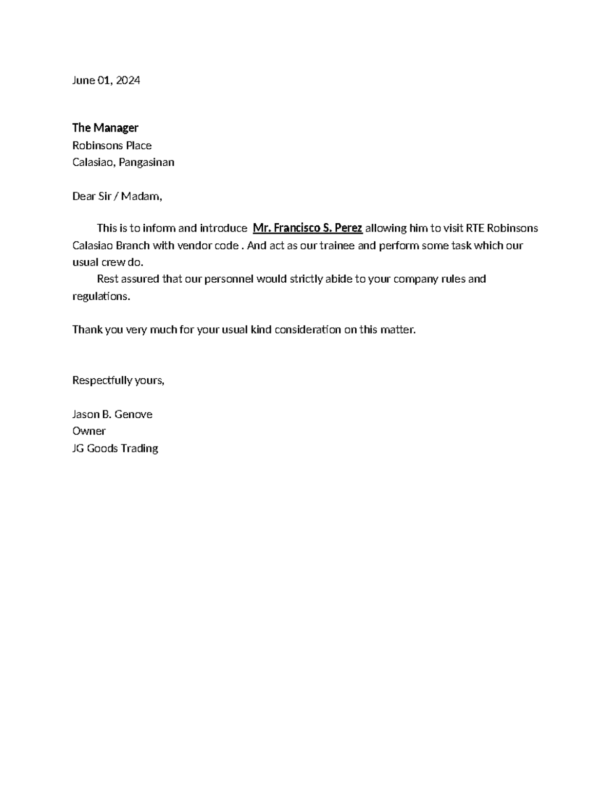Visit letter - vhgf - June 01, 2024 The Manager Robinsons Place ...