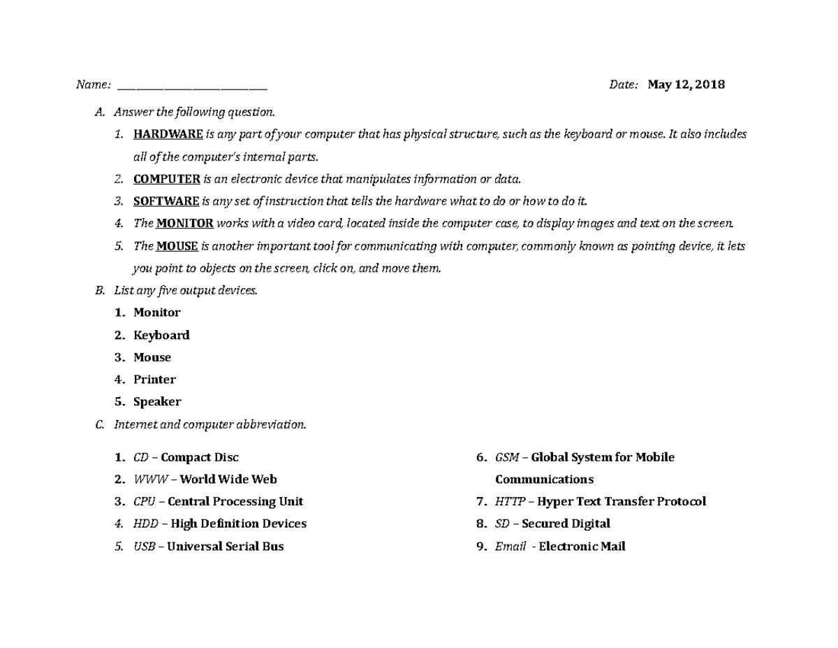 Example of ICT examination - Name ...