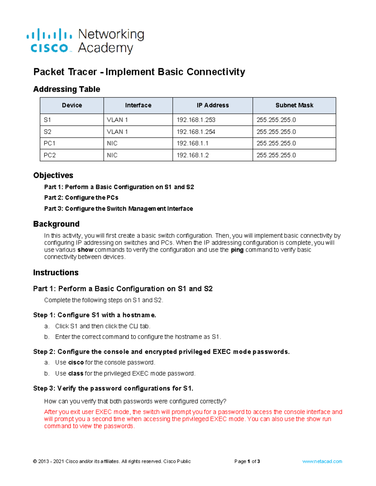 2.7.6 Packet Tracer - Implement Basic Connectivity - Packet Tracer - Implement Basic ...