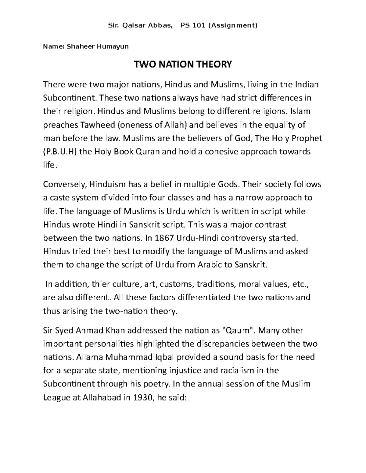 Shaheer-PS101(Assignment 1)-Two Nation Theory- Sir Qaiser - Sir. Qaisar ...