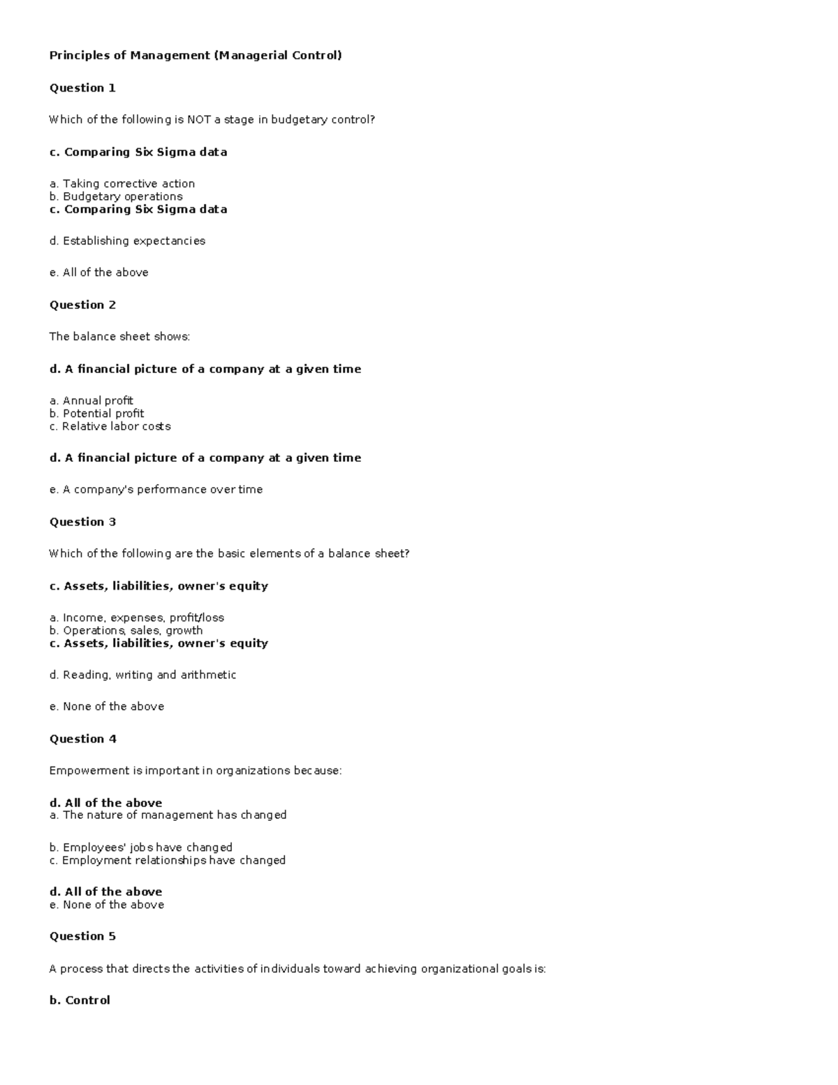 Principles of Management (Managerial Control) quiz - Principles of ...
