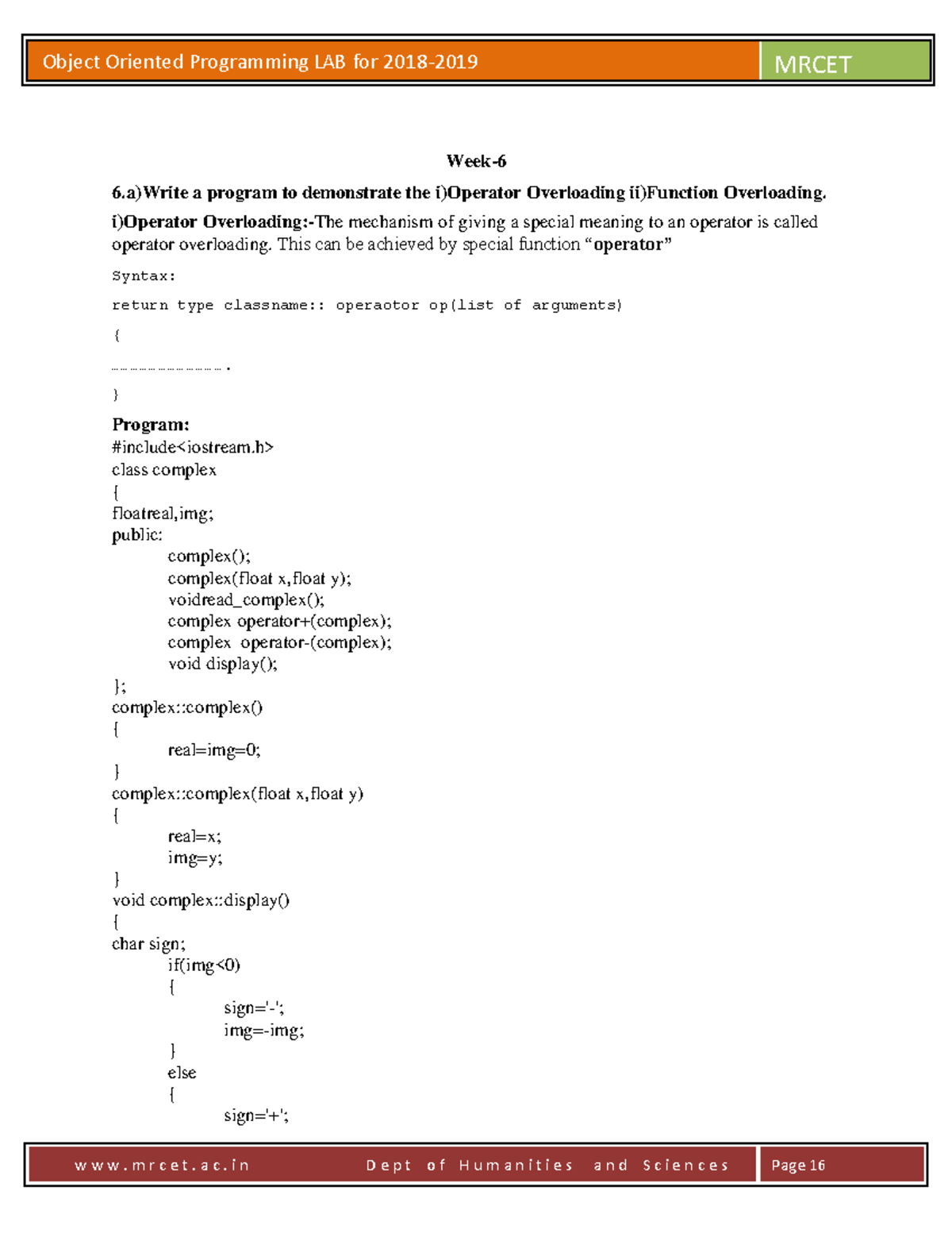Sort In Accending Order Object Oriented Programming Lab For 2018 2019 Mrcet Week 6write A