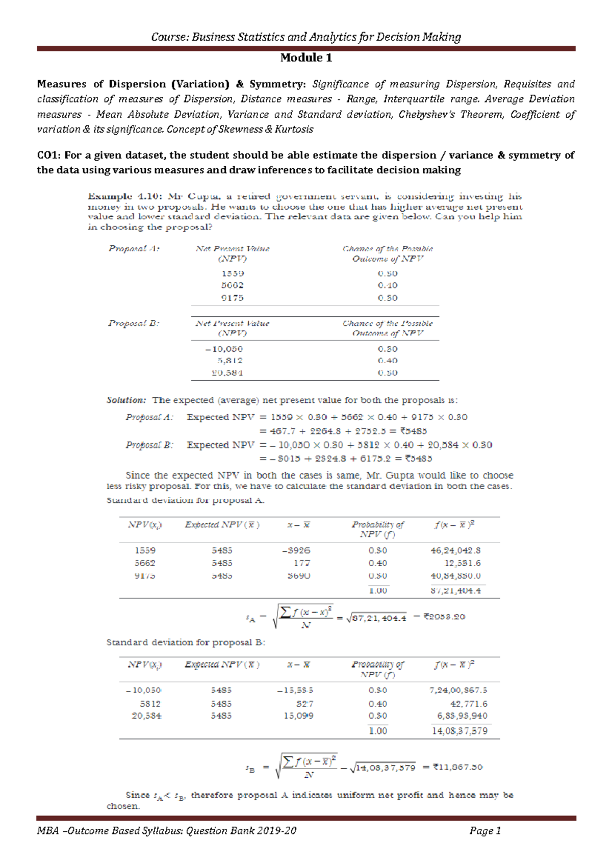 Bsadm Question Bank - MBA Sem 1 - Module 1 Measures of Dispersion ...