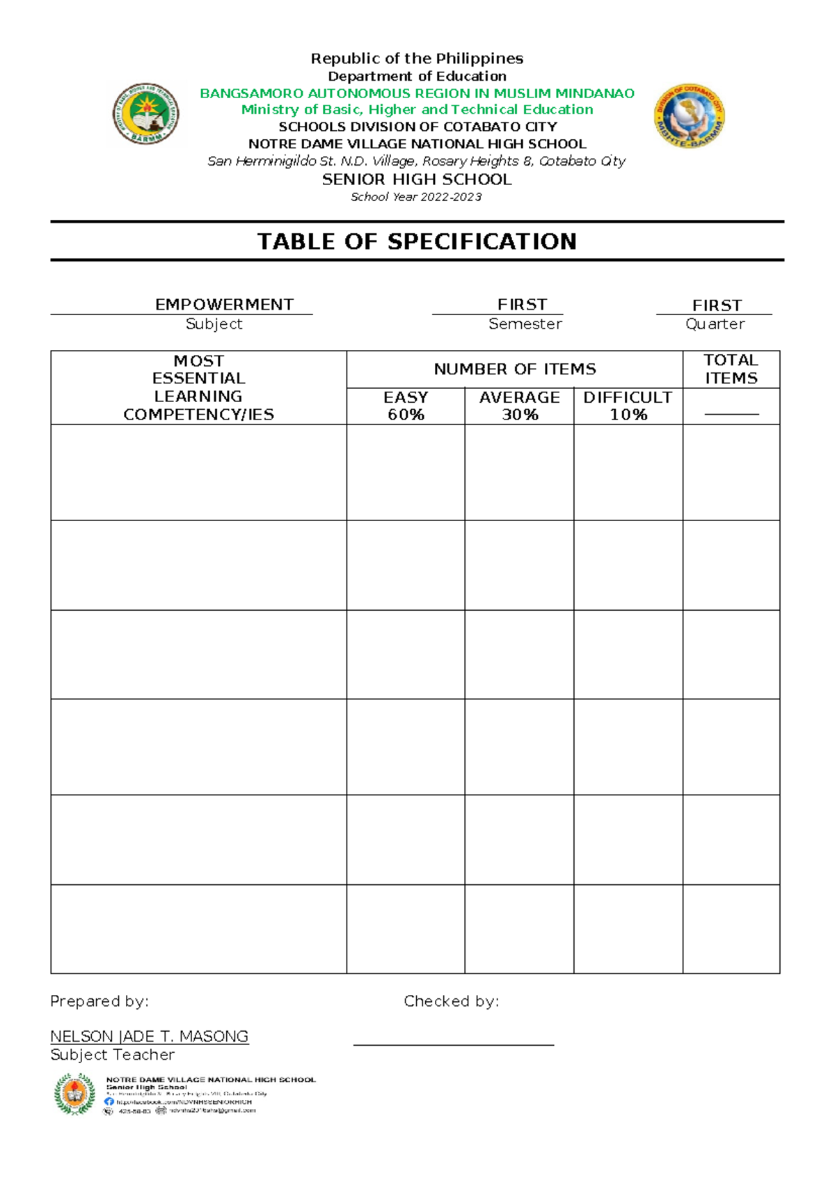Table-of-Specifications - EMPOWERMENT TECHNOLOGY FIRST FIRST Republic ...