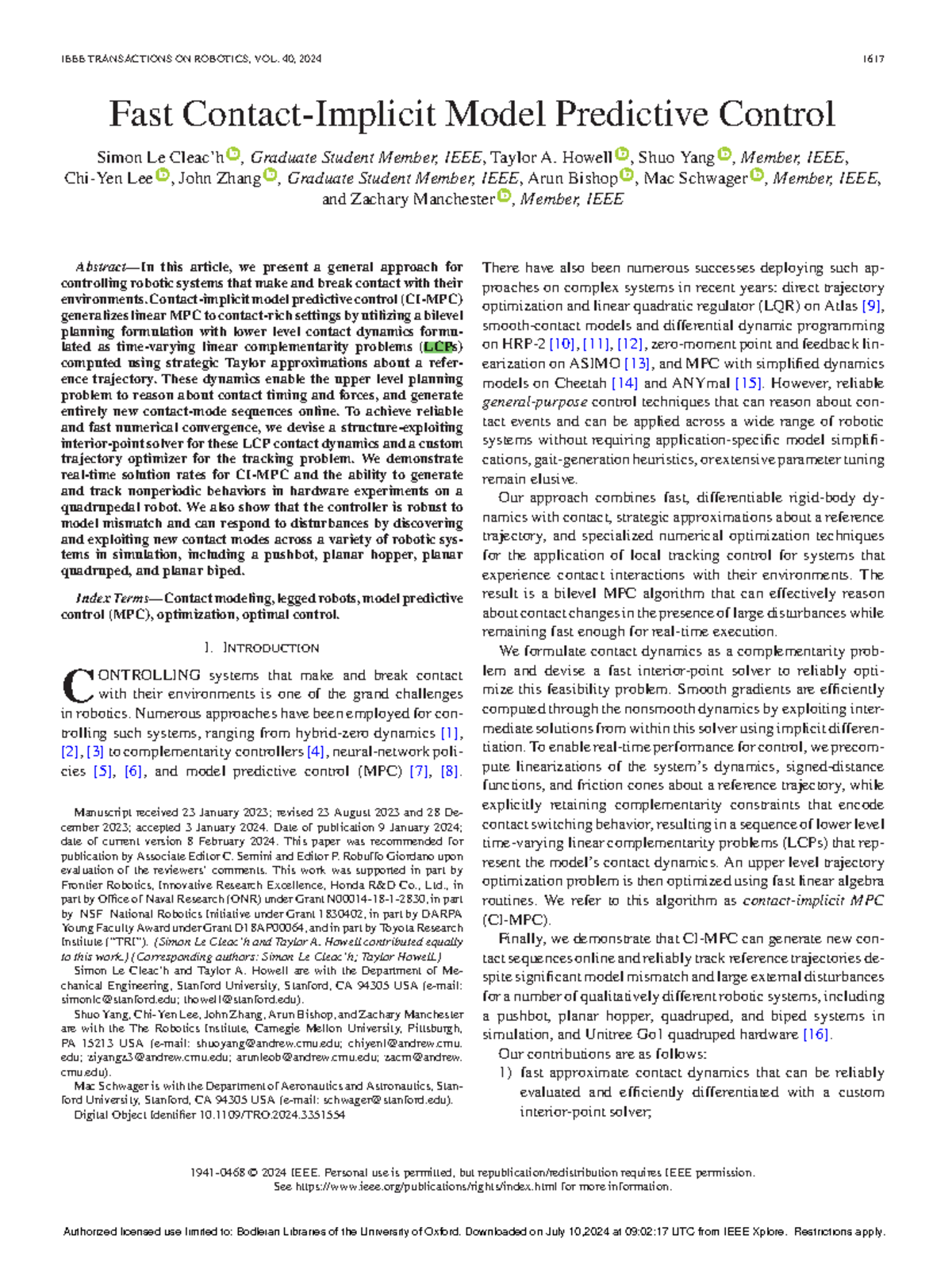 2024 Fast Contact-Implicit Model Predictive Control - IEEE TRANSACTIONS ON ROBOTICS, VOL. 40 ...