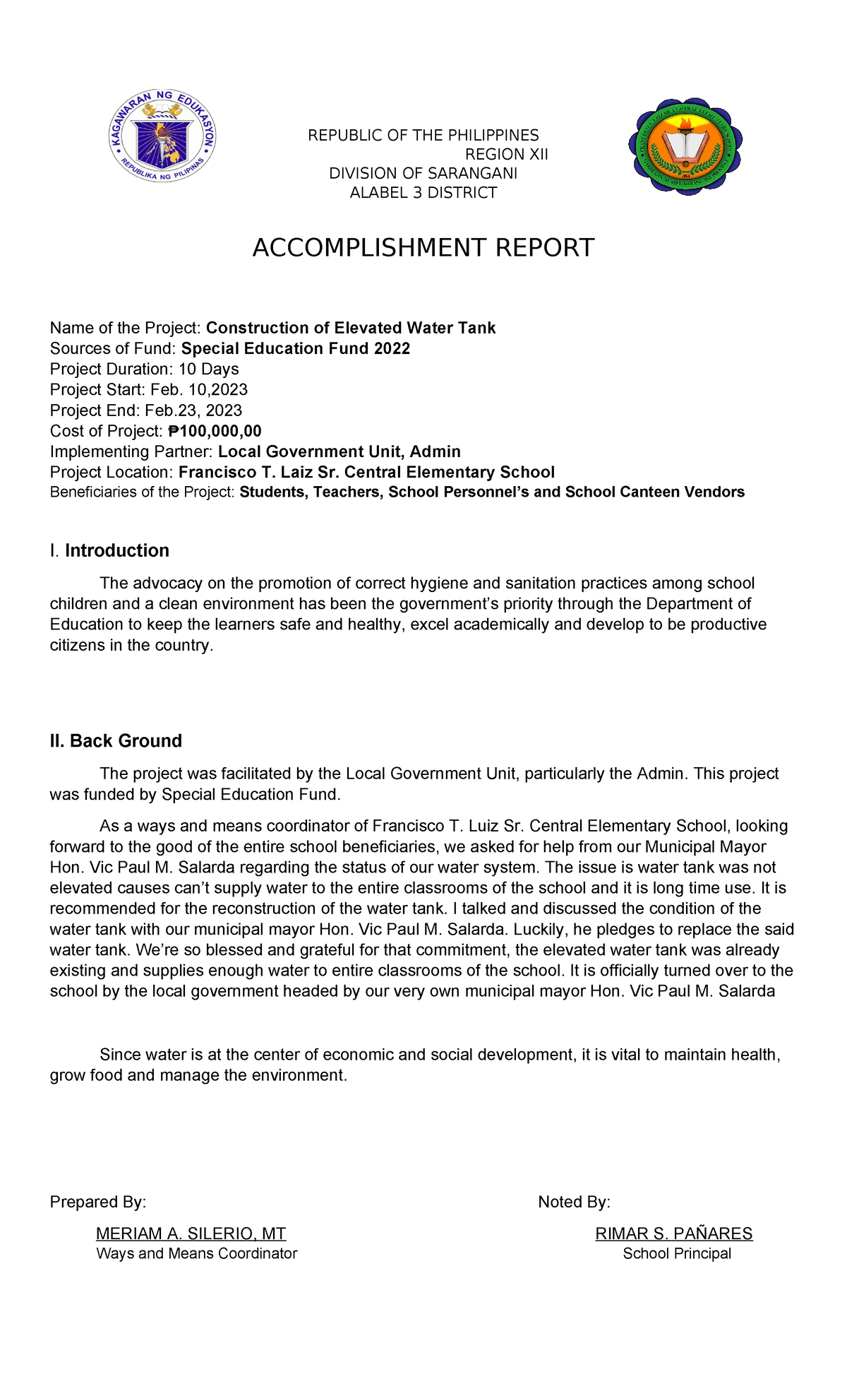 Accomplishment Report- Construction of Elevated Water Tank - REPUBLIC ...