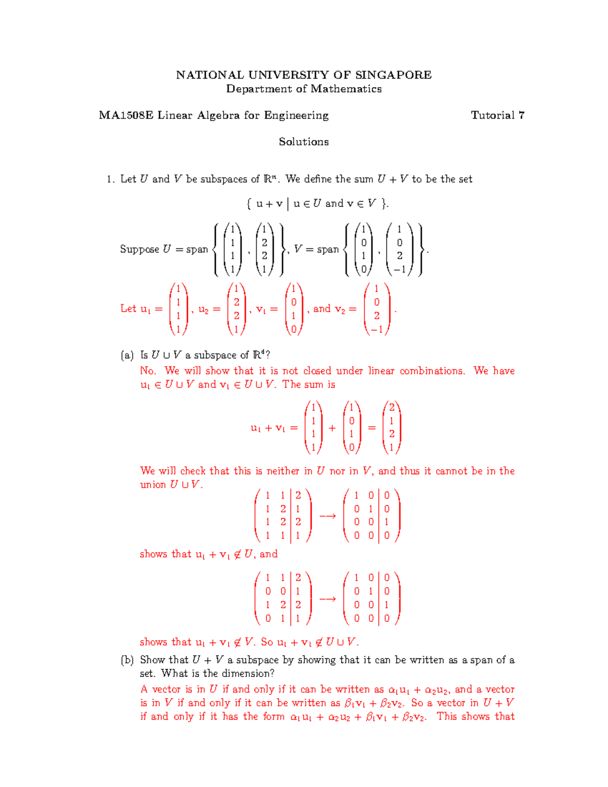 Tutorial 7(S) - NATIONAL UNIVERSITY OF SINGAPORE Department of Mathematics MA1508E Linear ...
