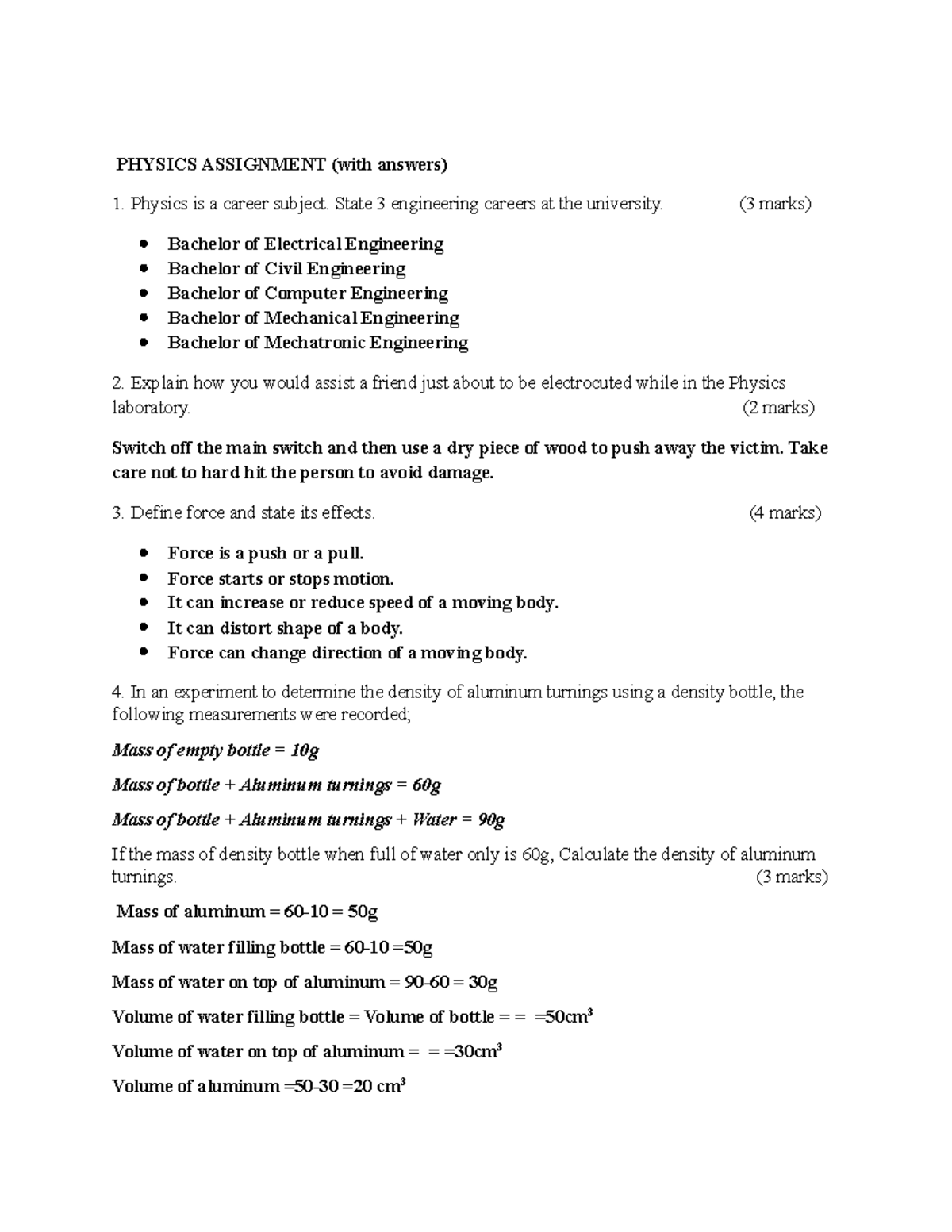 FORM ONE Physics Assignment - PHYSICS ASSIGNMENT (with answers) Physics ...