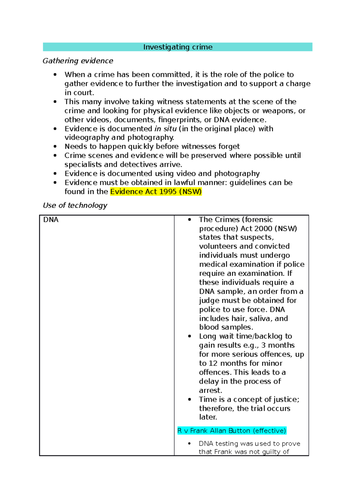 Investigating crime Notes T:S - Investigating crime Gathering evidence ...