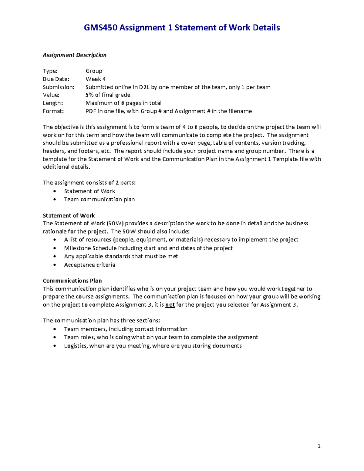 GMS450 Assignment 1 SOW Details F20 - GMS450 Assignment 1 Statement of Work Details 1 Assignment ...