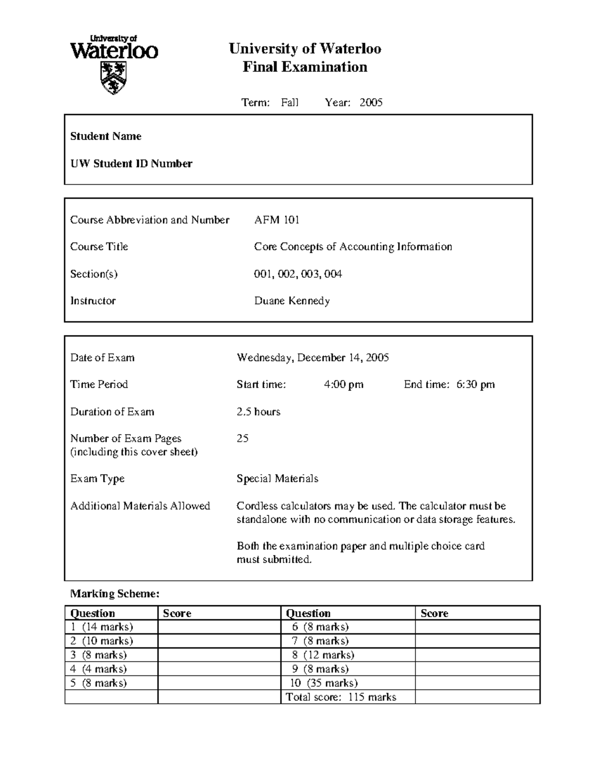 Exam, questions and answers - All exams - University of Waterloo Final ...