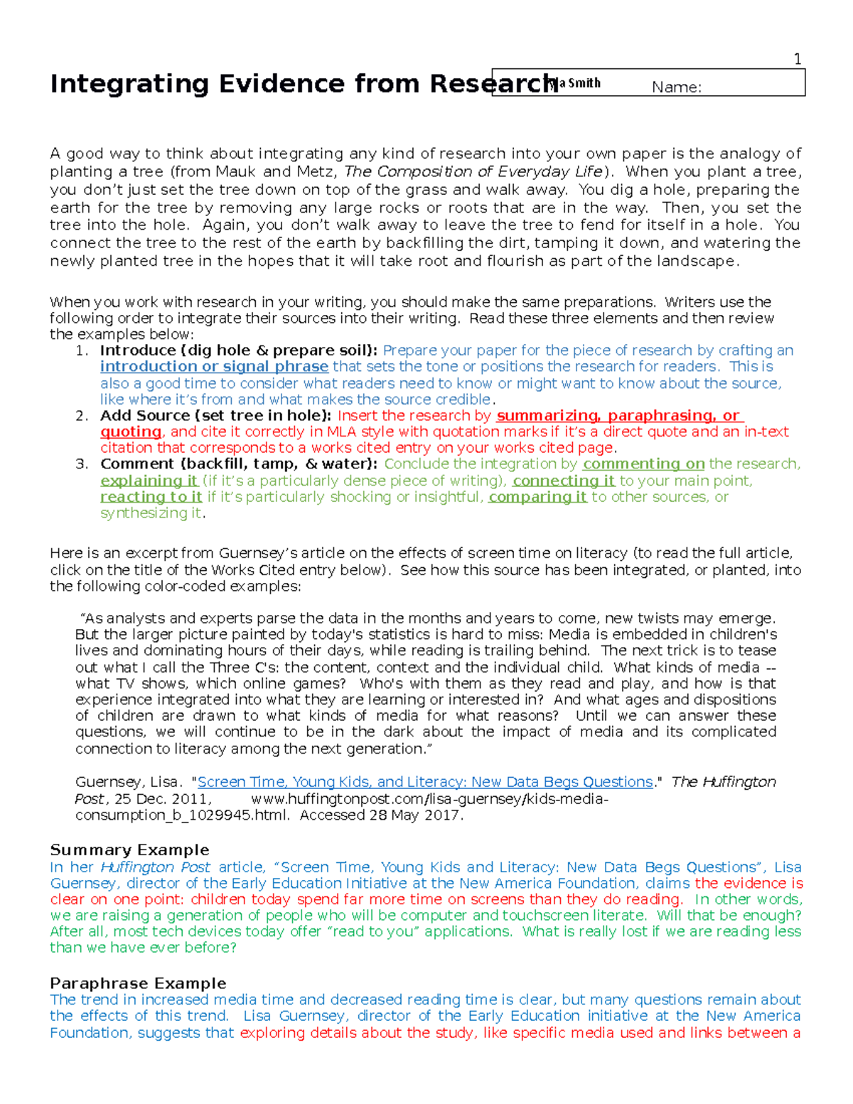 Smith Integrating Evidence - Integrating Evidence from Research Name: A ...