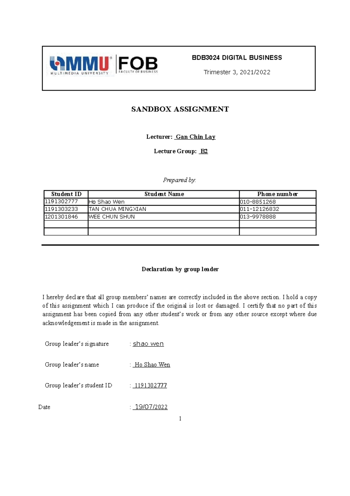 BDB3024 Sandbox Assignment (Ho Shao Wen) - BDB3024 DIGITAL BUSINESS ...