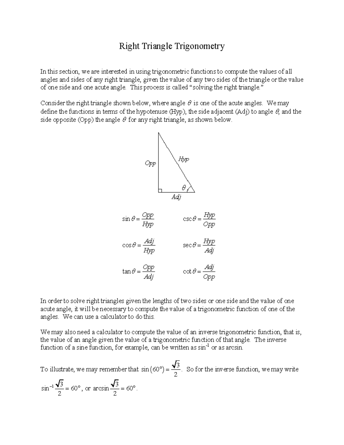 Math2412 right angle trigonometry - Right Triangle Trigonometry In this ...