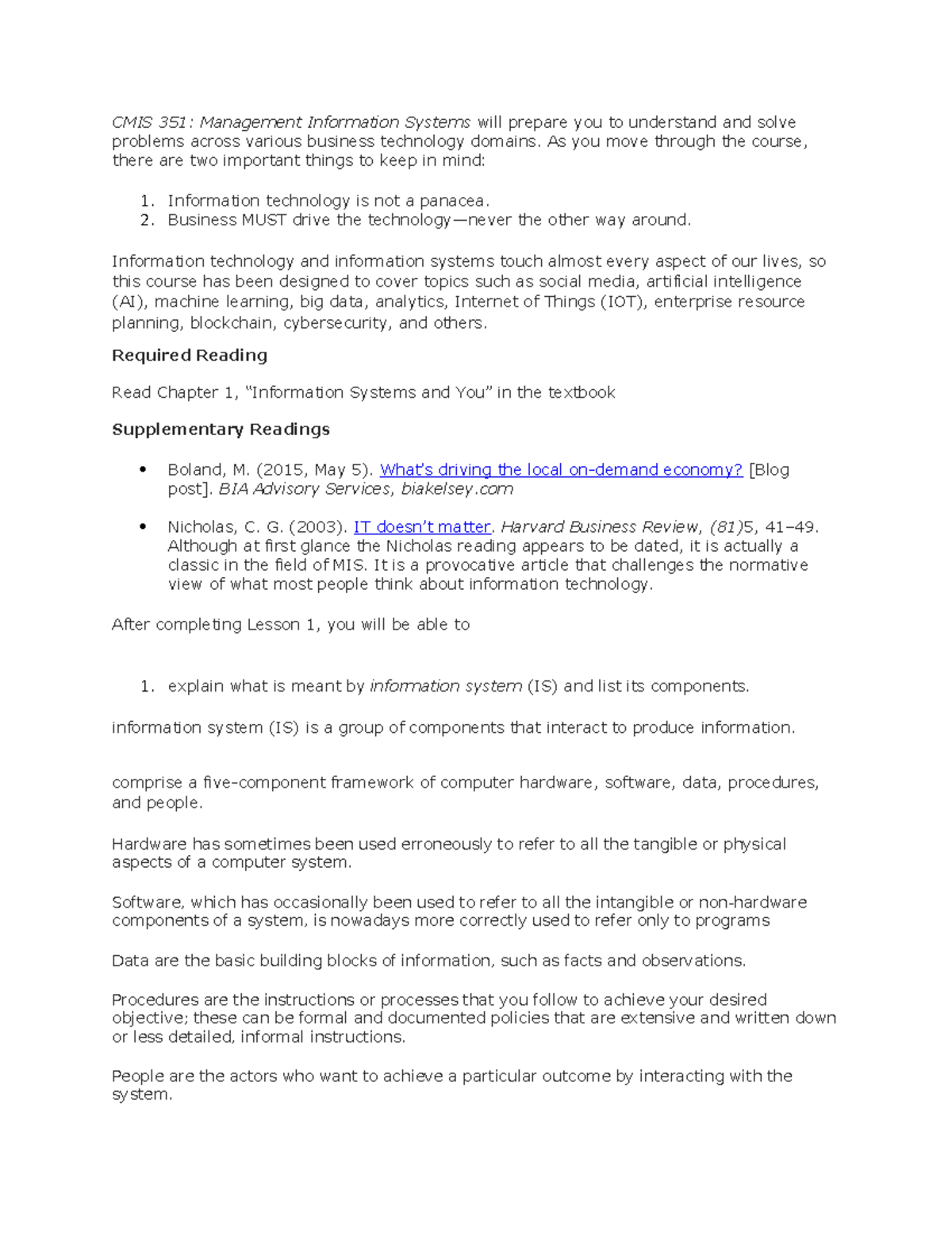 Week 1 - notes - CMIS 351: Management Information Systems will prepare ...