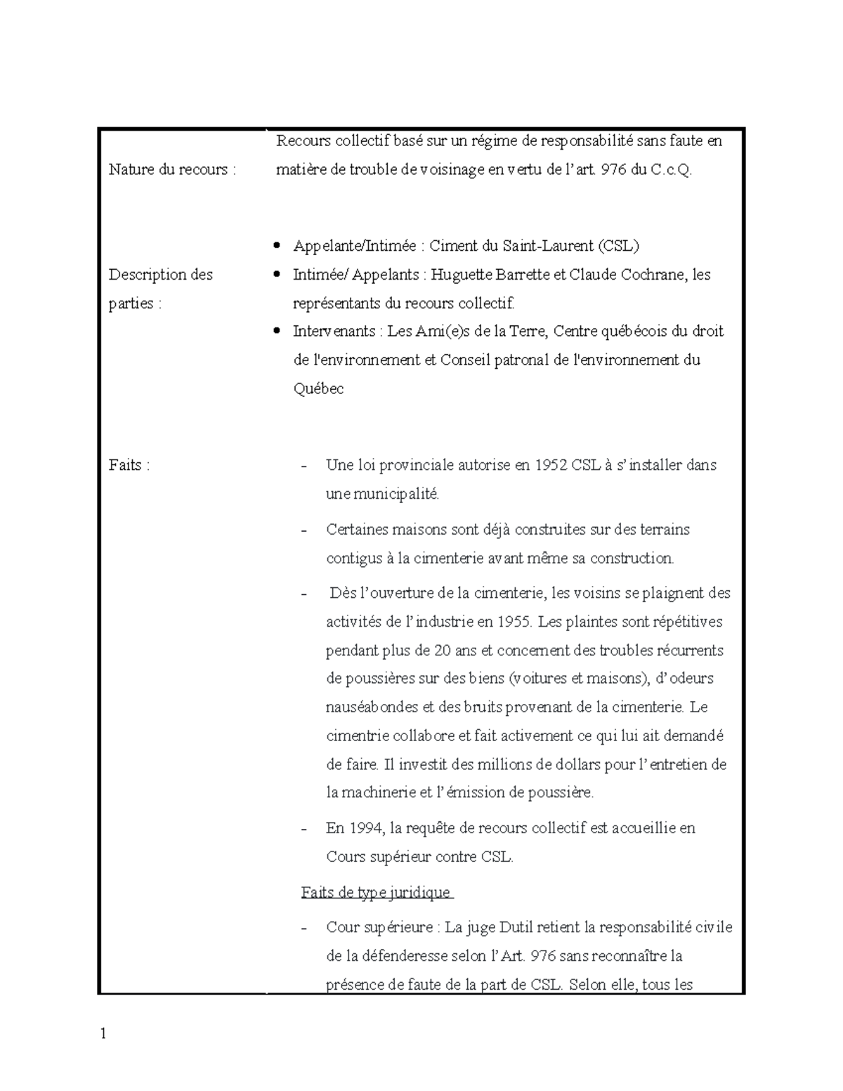 Résumé ciment c. Barrette - Nature du recours : Recours collectif basé ...