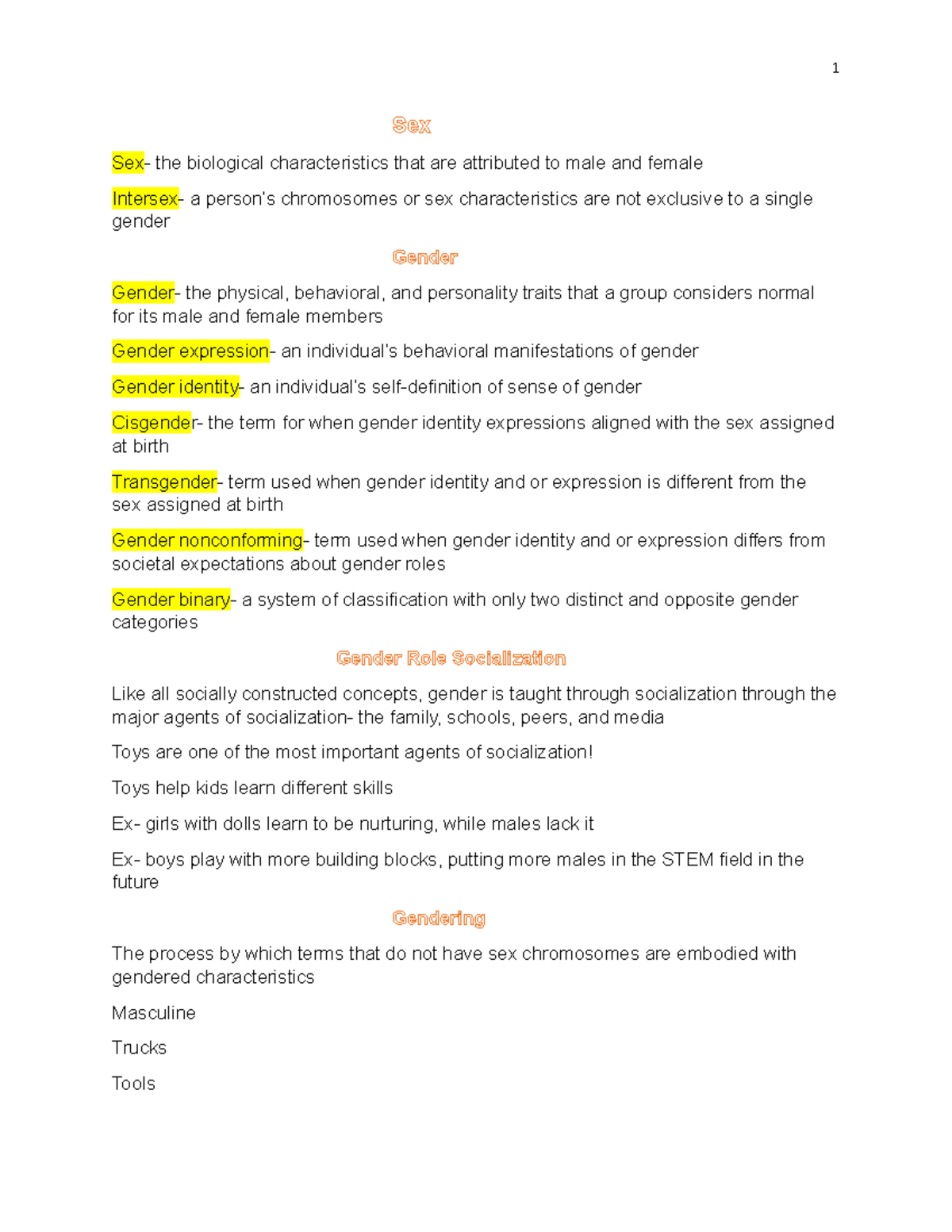 Gender notes - Sex Sex- the biological characteristics that are ...