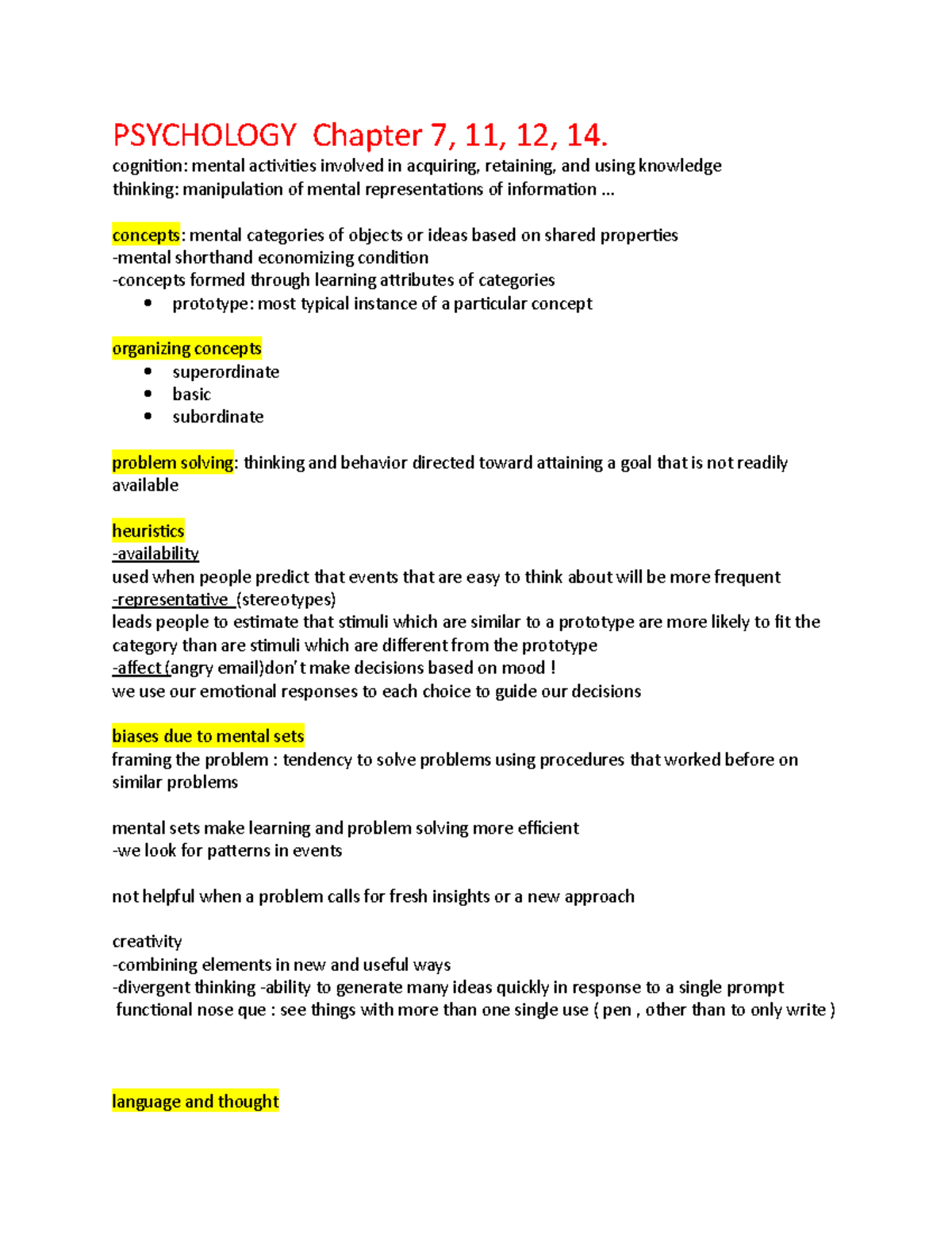 Psychology TEST 3 - PSYCHOLOGY Chapter 7, 11, 12, 14. cognition: mental ...
