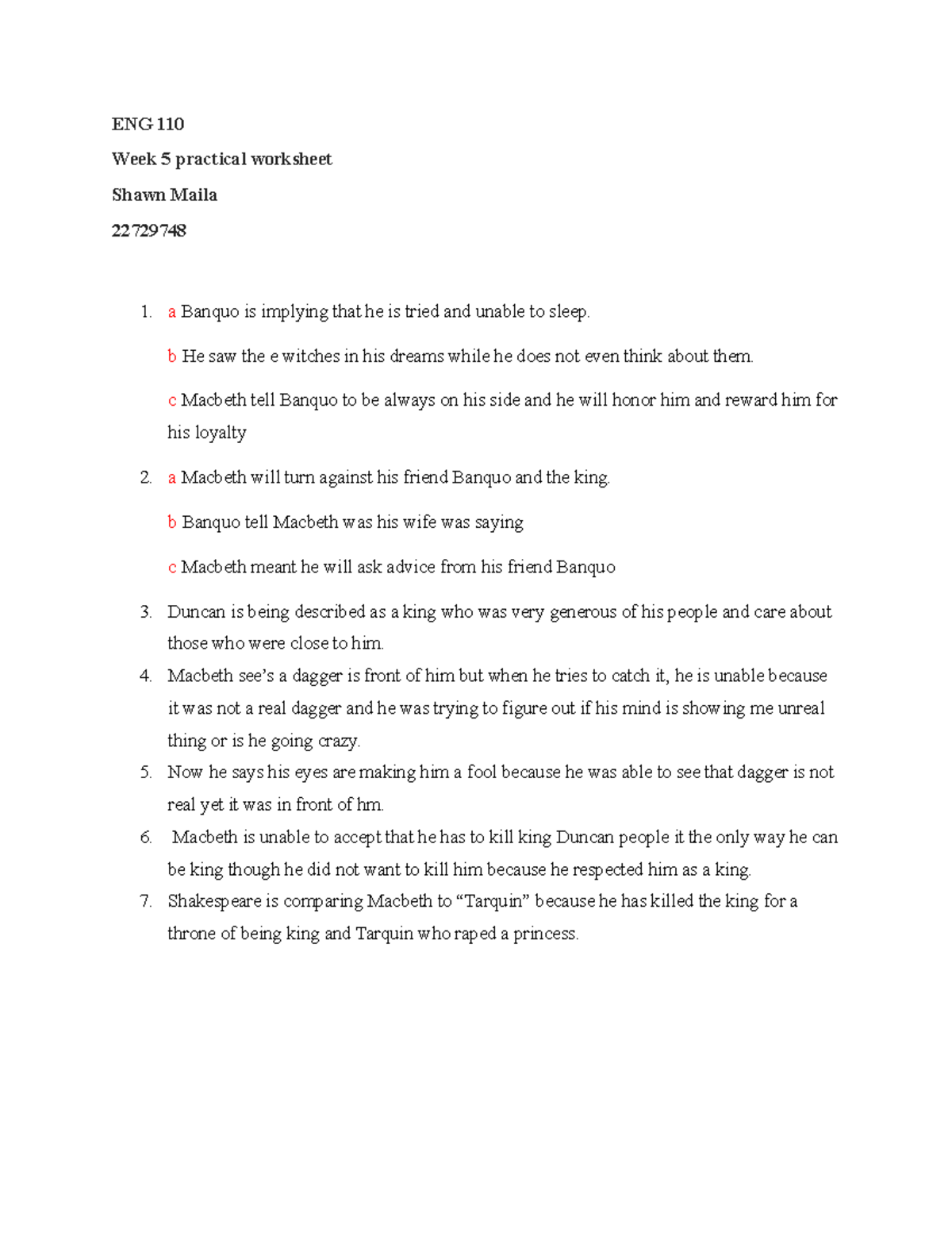 ENG Worksheet - ENG 110 Week 5 practical worksheet Shawn Maila 22729748 ...