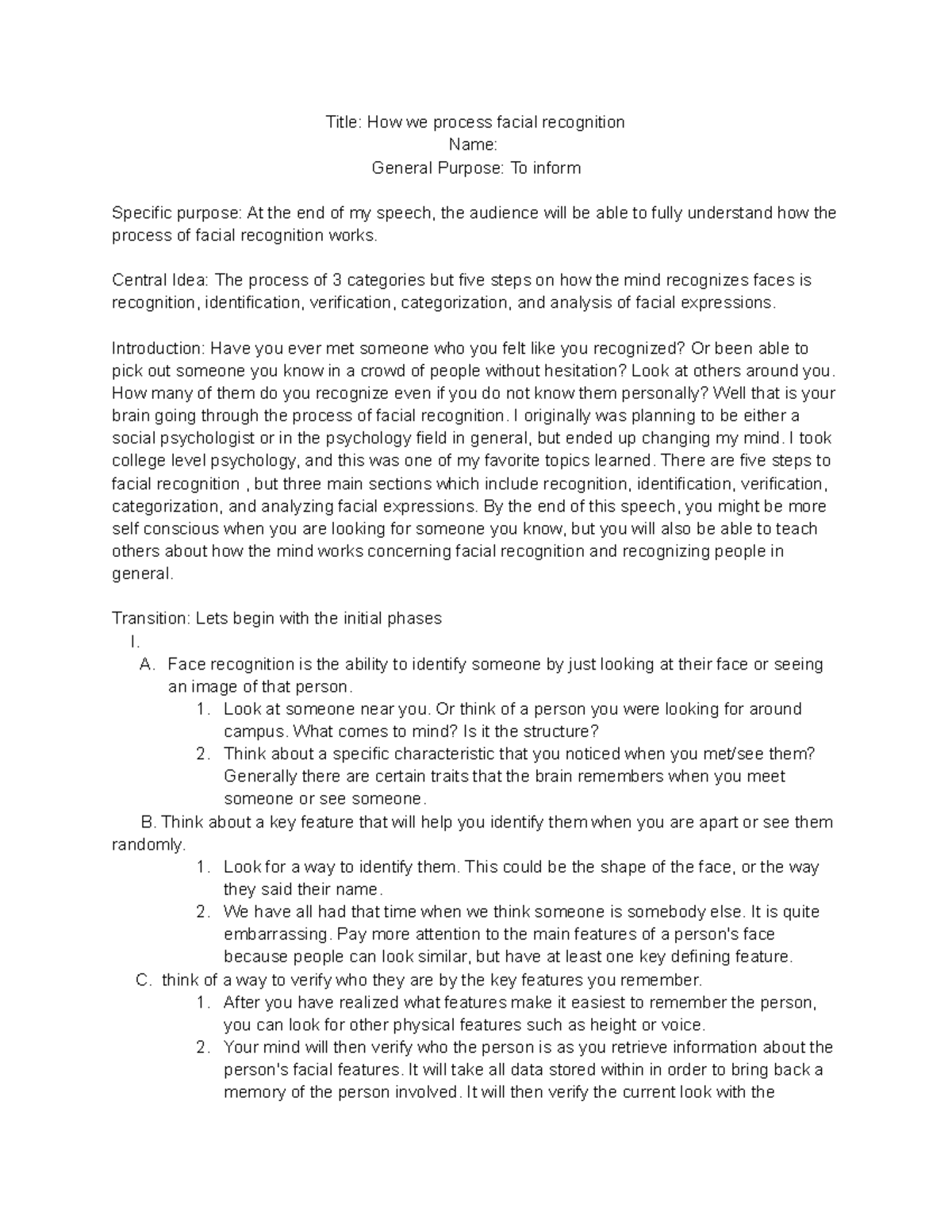 Comm 210 Process Speech Outline Example - Title: How we process facial ...