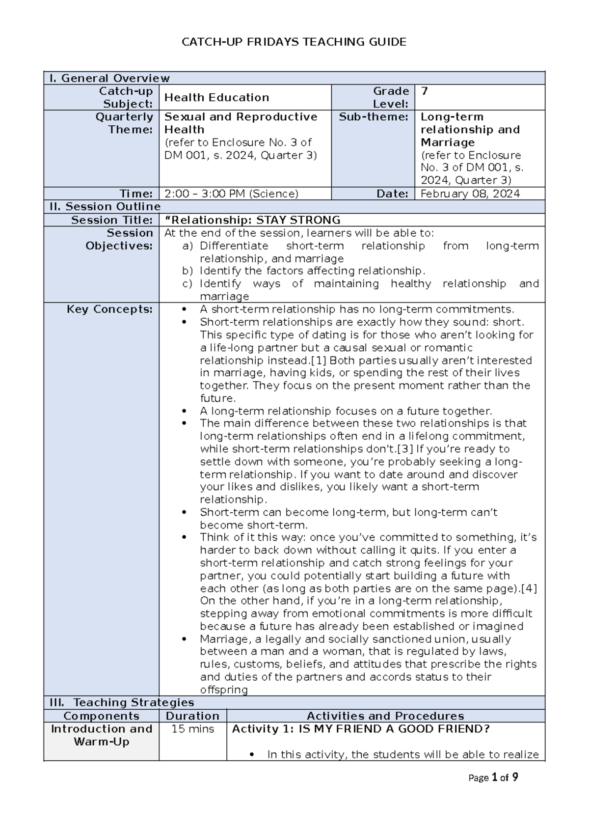 Health Grade-7 Quarter 3 Topic 2 - I. General Overview Catch-up Subject ...