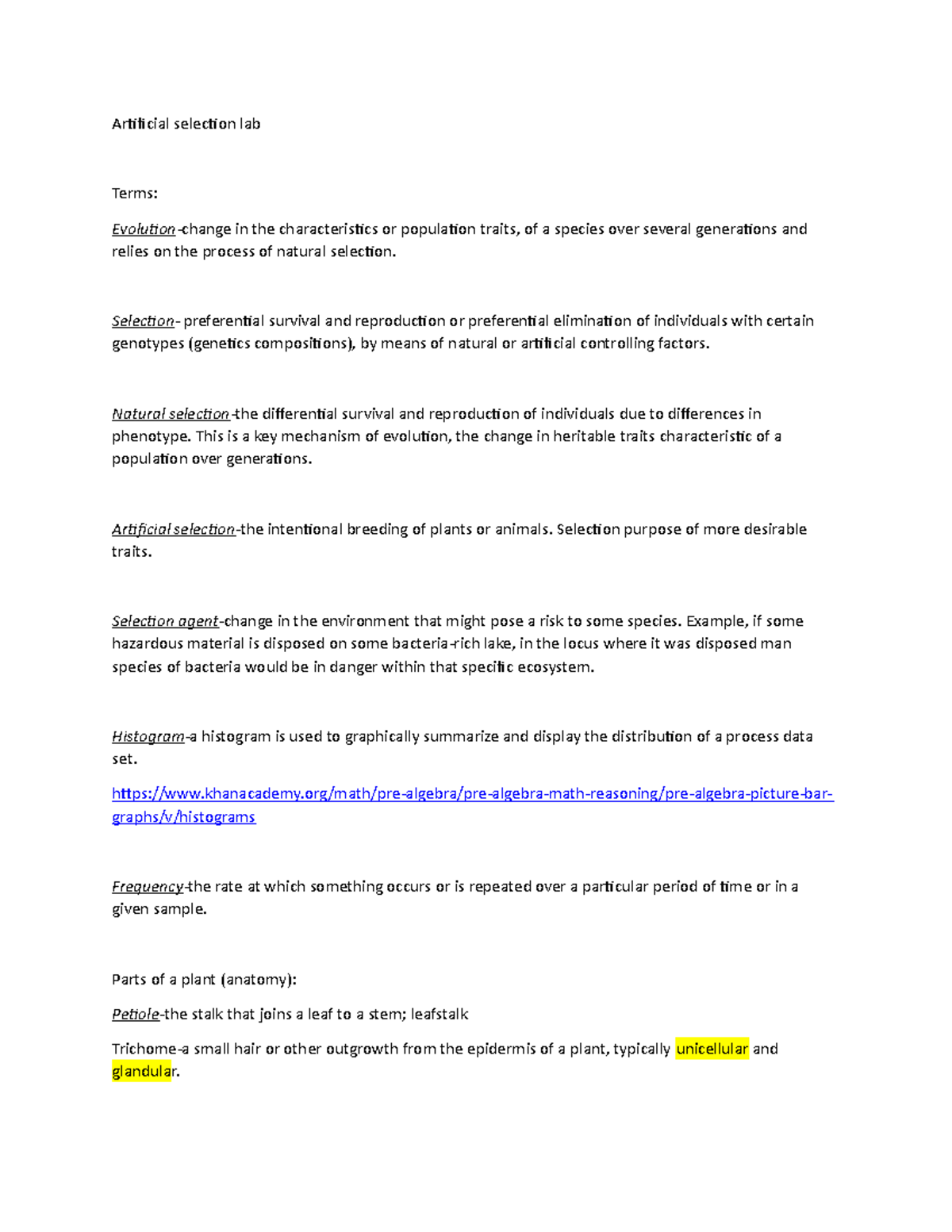 Artificial selection lab terms - Artificial selection lab Terms ...