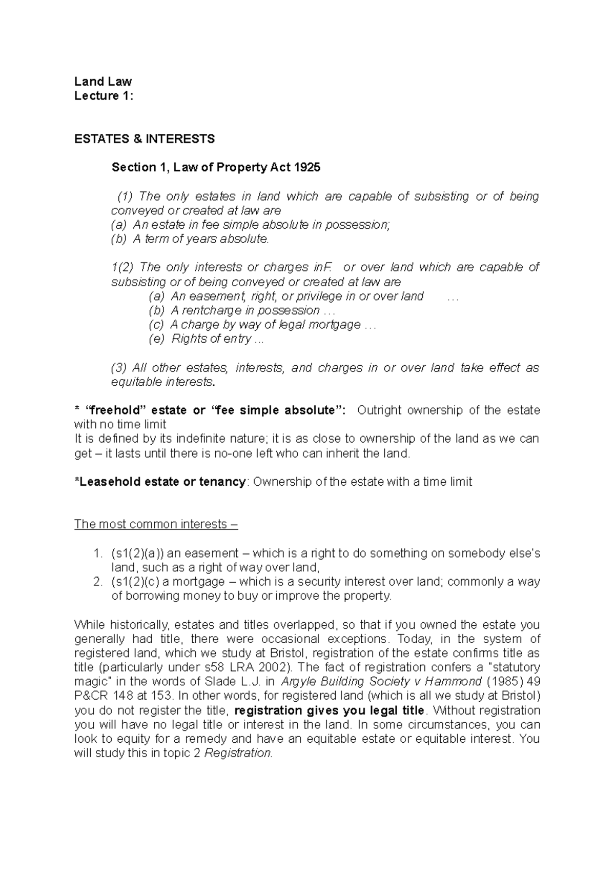 Land Law Lecture 1 And2 Lecture Notes 1 2 Land Law Lecture 1 Estates And Interests Section 1
