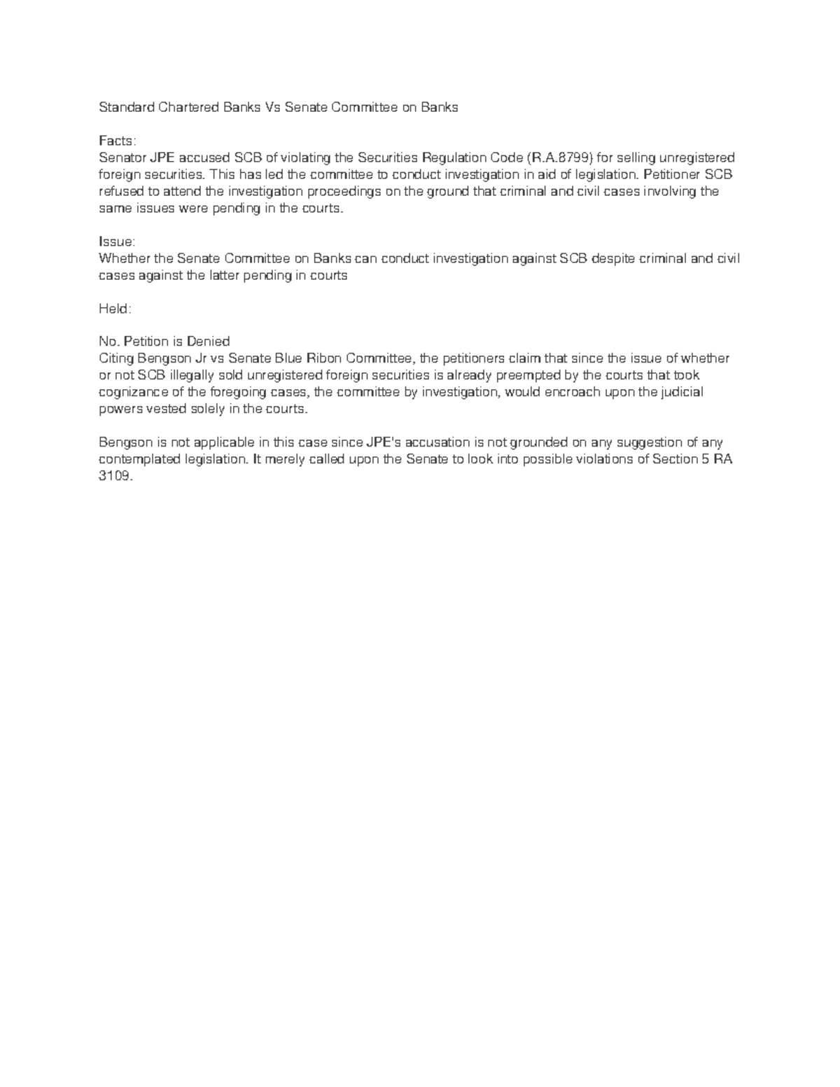 Standard Chartered Banks Vs Senate Commi - BS Legal Management - Studocu