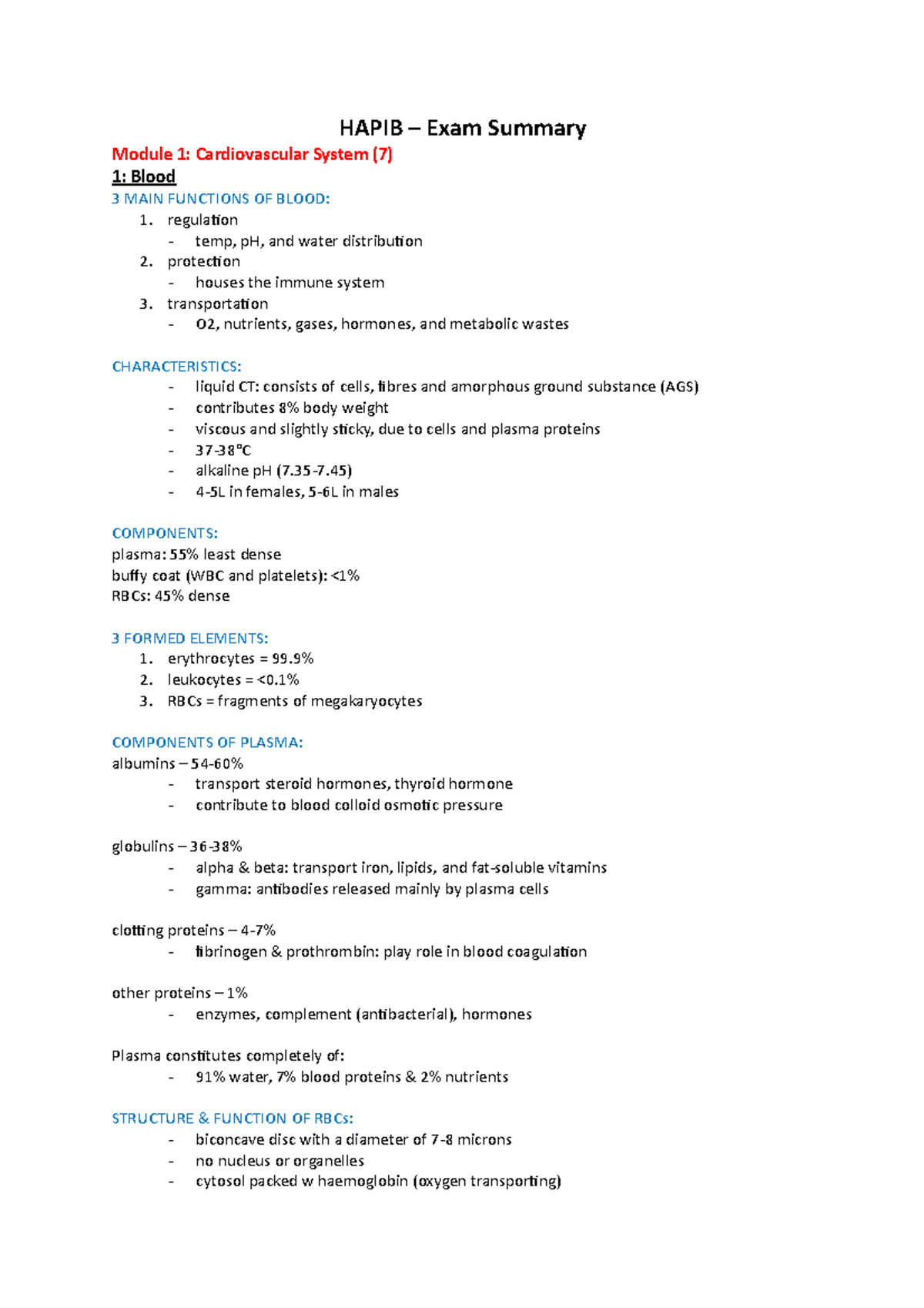 HAPIB - Exam summary notes module 1 blood - HAPIB – Exam Summary Module ...