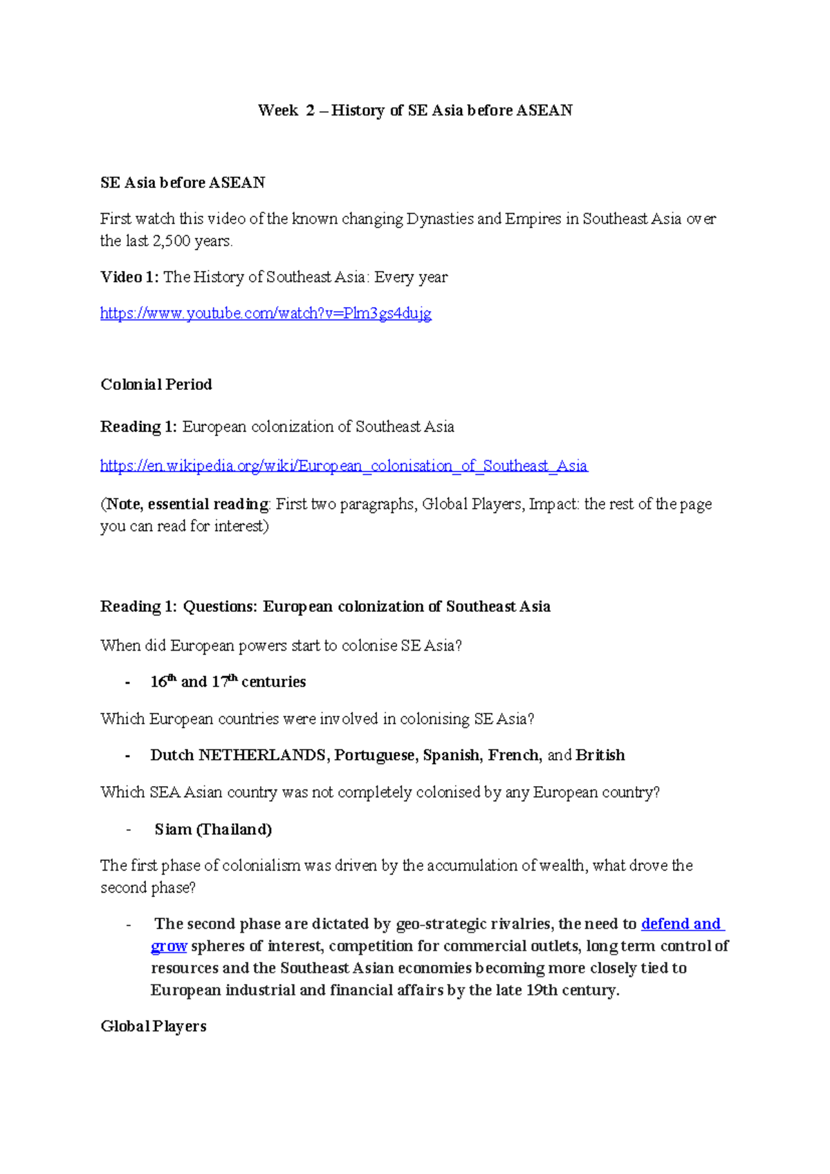 2 SE Asia before Asean - Lecture notes 2 - Week 2 – History of SE Asia ...