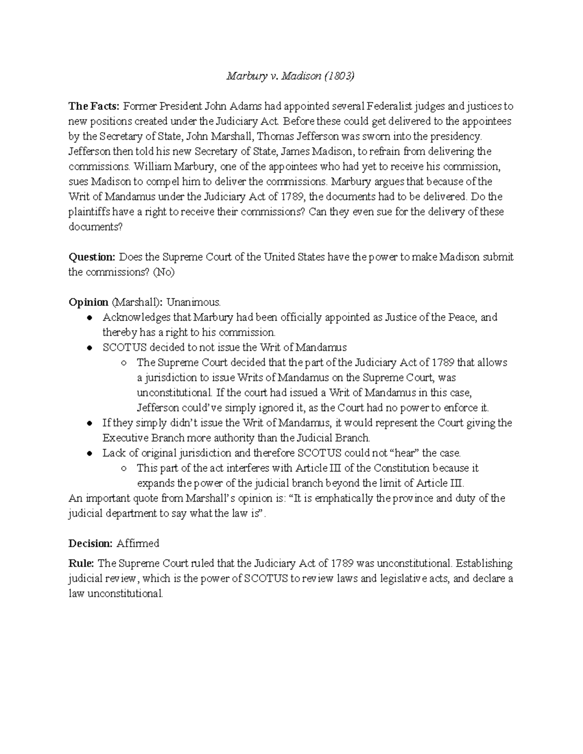 Marbury v. Madison Brief - Marbury v. Madison (1803) The Facts: Former ...