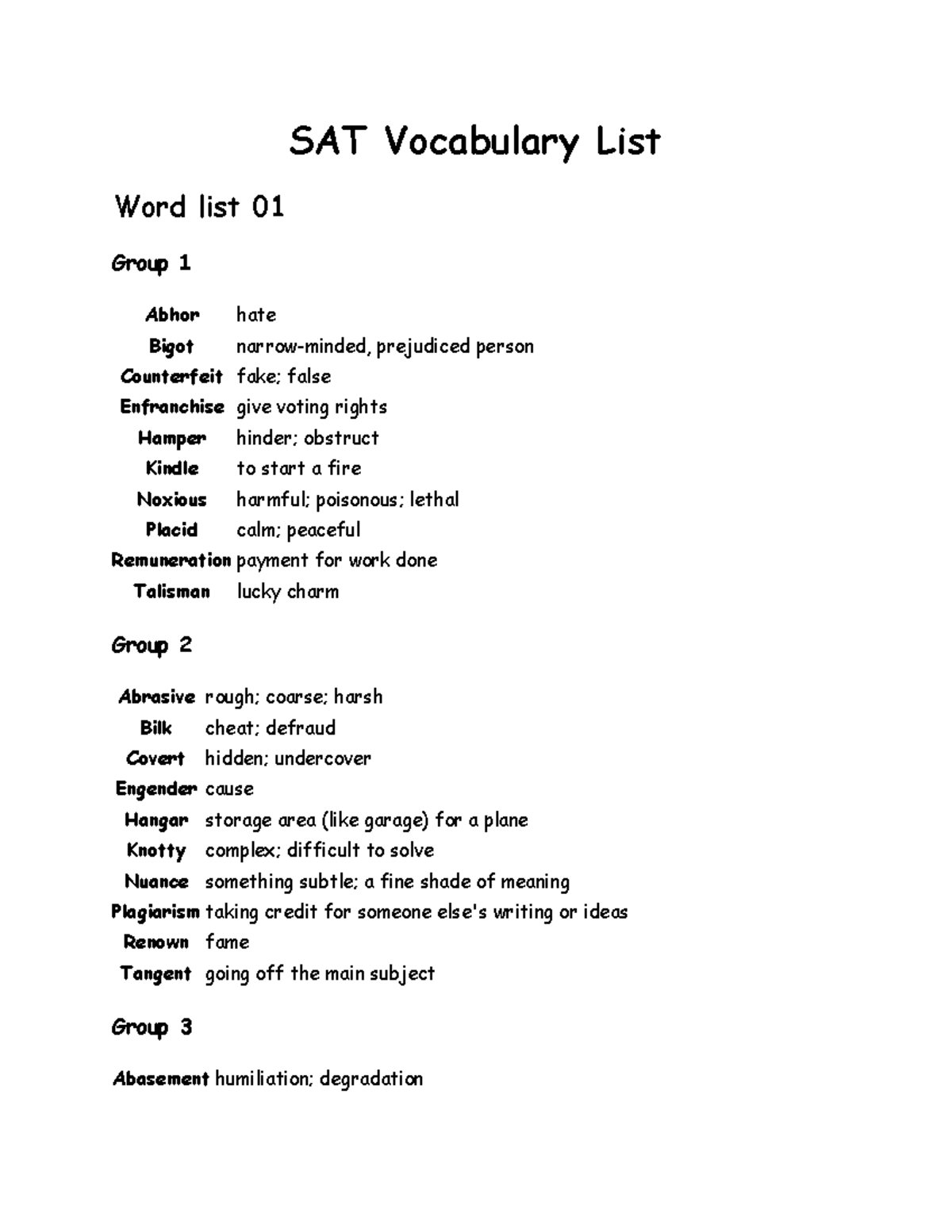 SAT Vocabulary List - Vocab list - SAT Vocabulary List Word list 01 ...