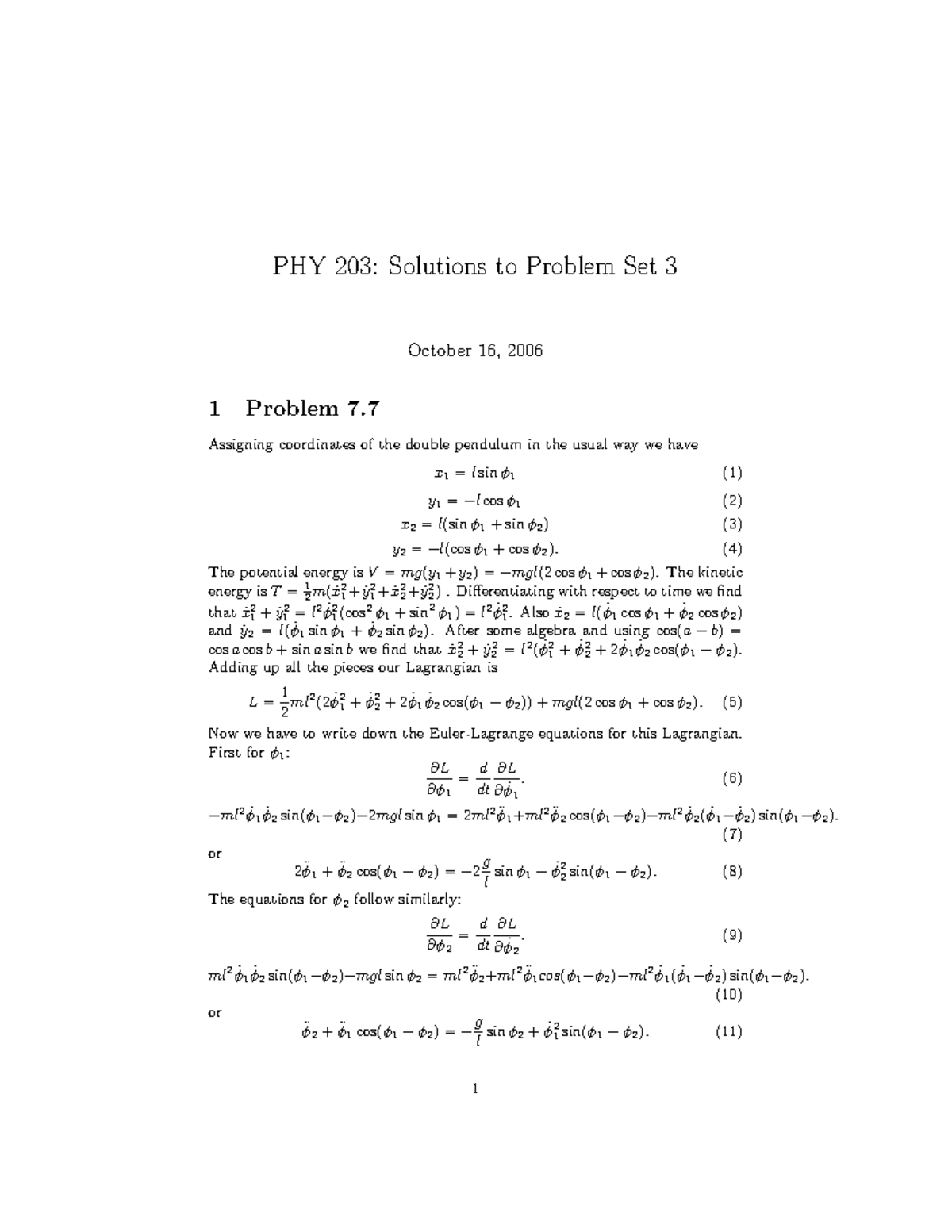 HWsolution 3 - exam - PHY 203: Solutions to Problem Set 3 October 16 ...