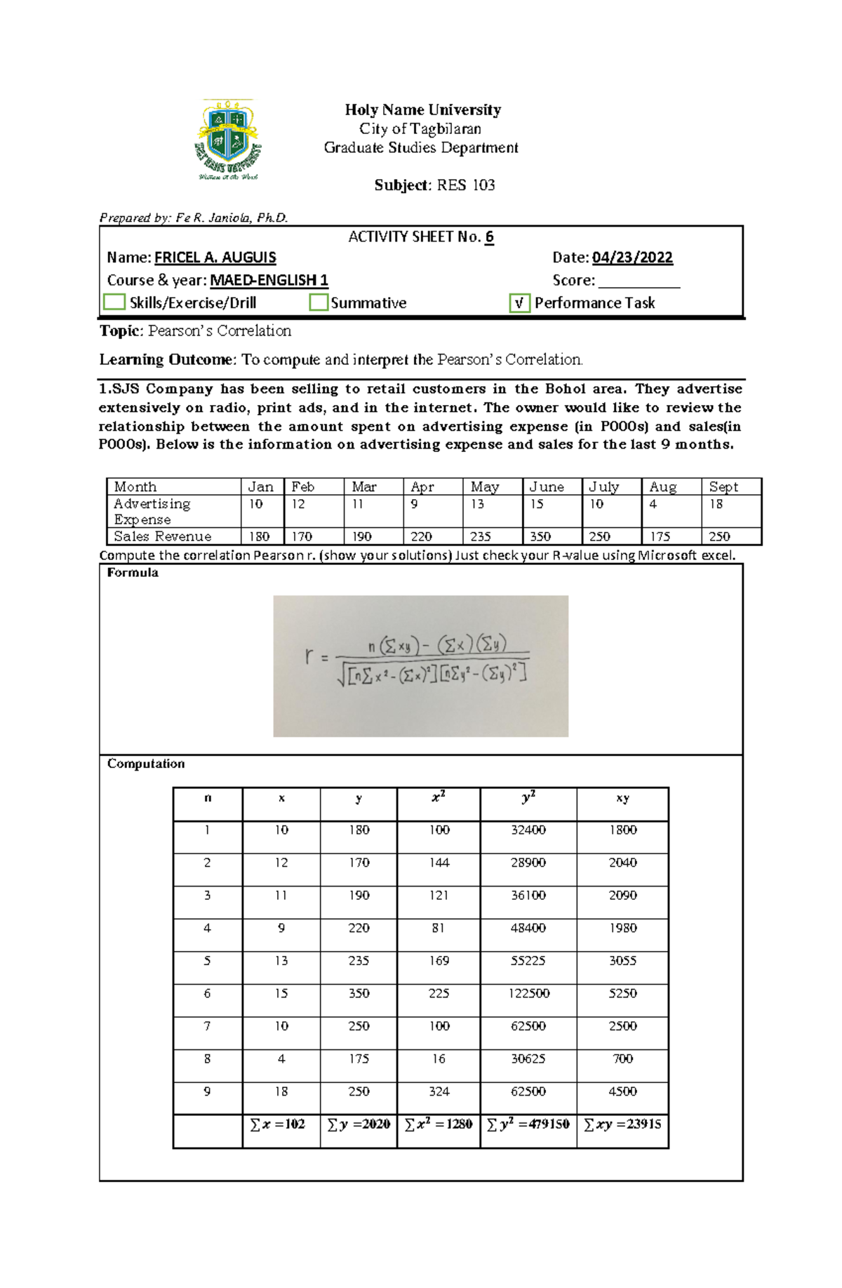 Inferential Statistics - Pearson's Correlation Activity with Answers ...