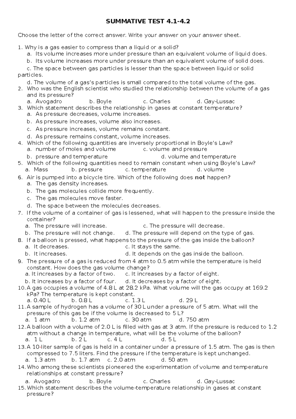 Summative TEST 4 - SUMMATIVE TEST 4-4. Choose the letter of the correct ...