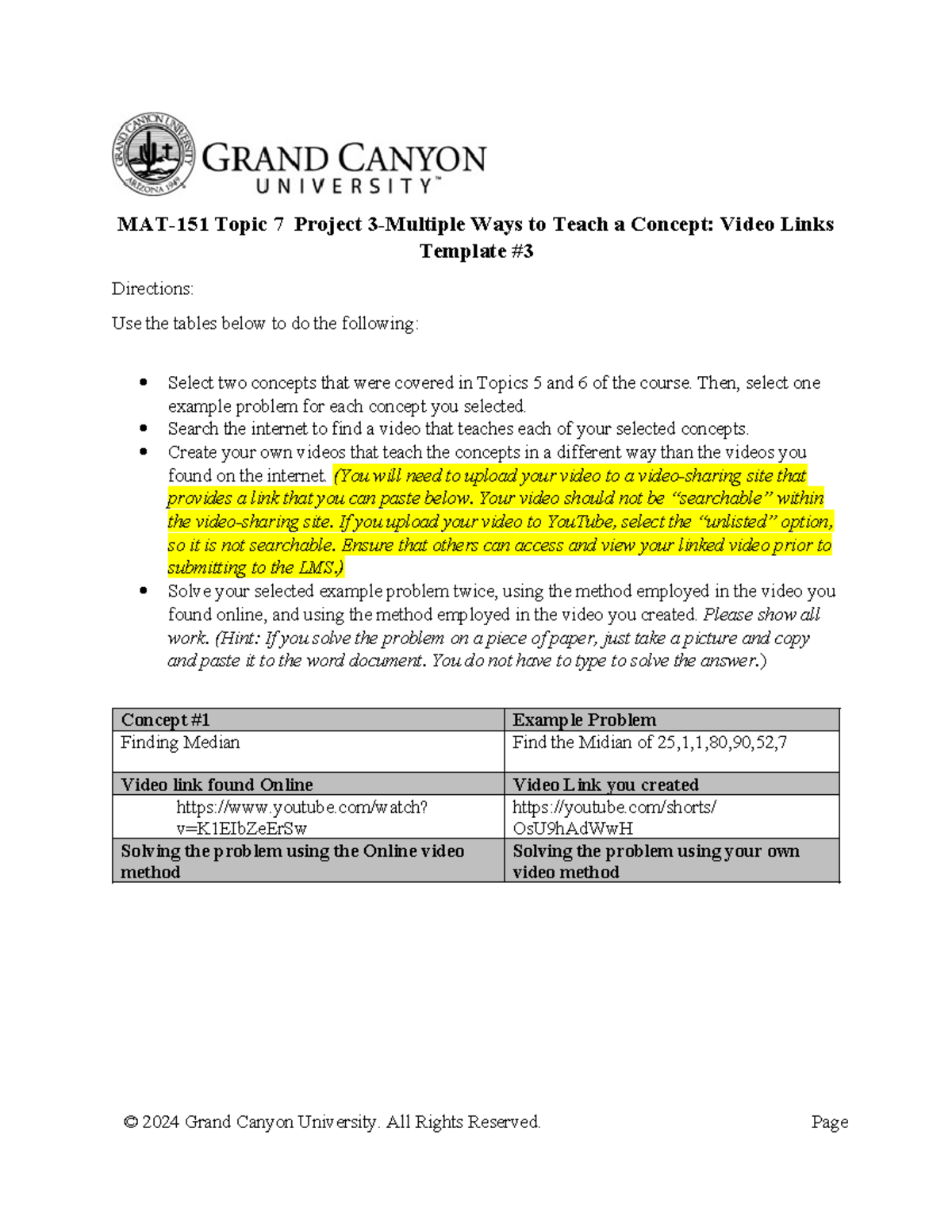 MAT-151-T7-Project 3-Multiple Ways to Teach a Concept Video Links ...