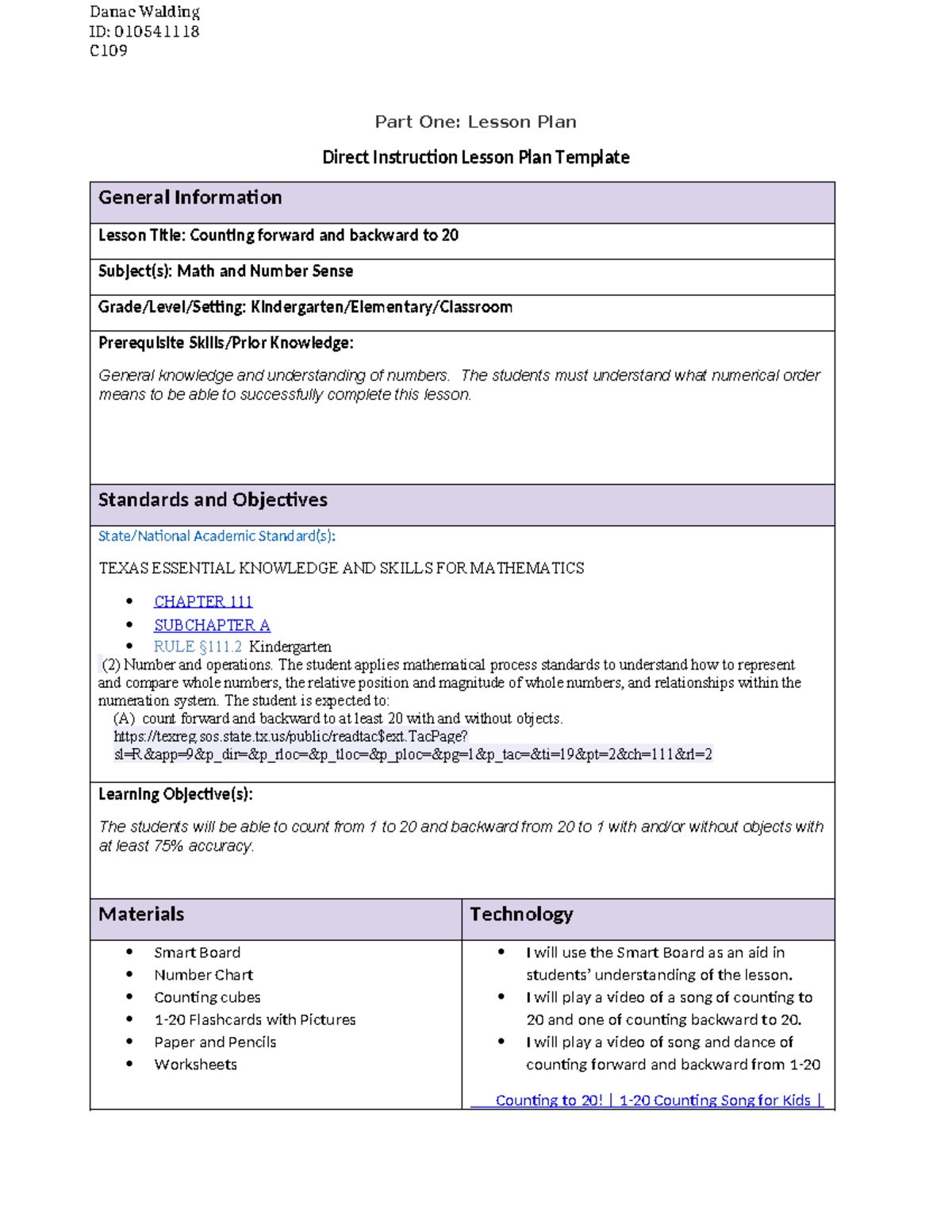 C109 Task 1 - ID: 010541118 C Part One: Lesson Plan Direct Instruction ...